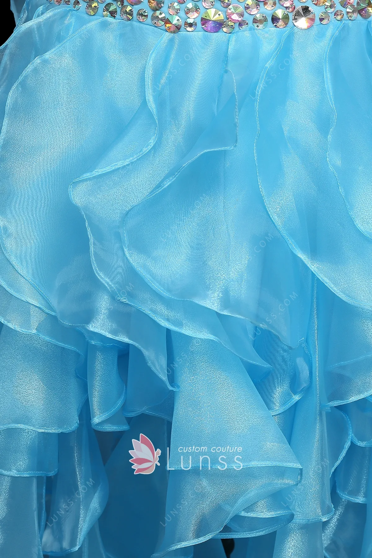 Diamond Beaded Ruffled Blue Organza Strapless Prom Dress - Lunss