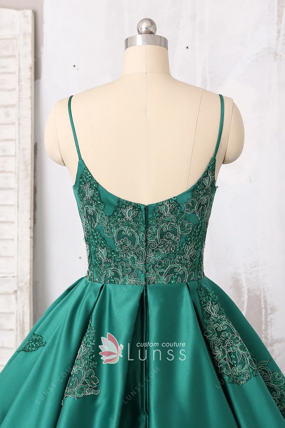 Unique Pattern Lace Appliqued Green Satin Prom Ball Gown - Lunss