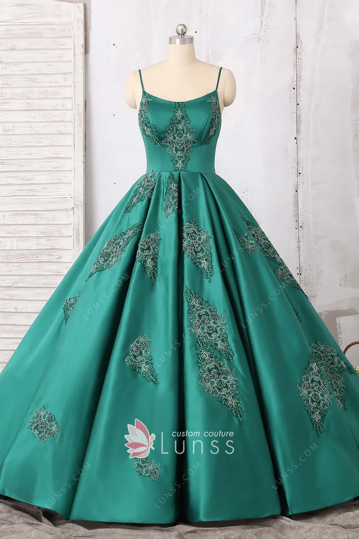 Unique Pattern Lace Appliqued Green Satin Prom Ball Gown - Lunss