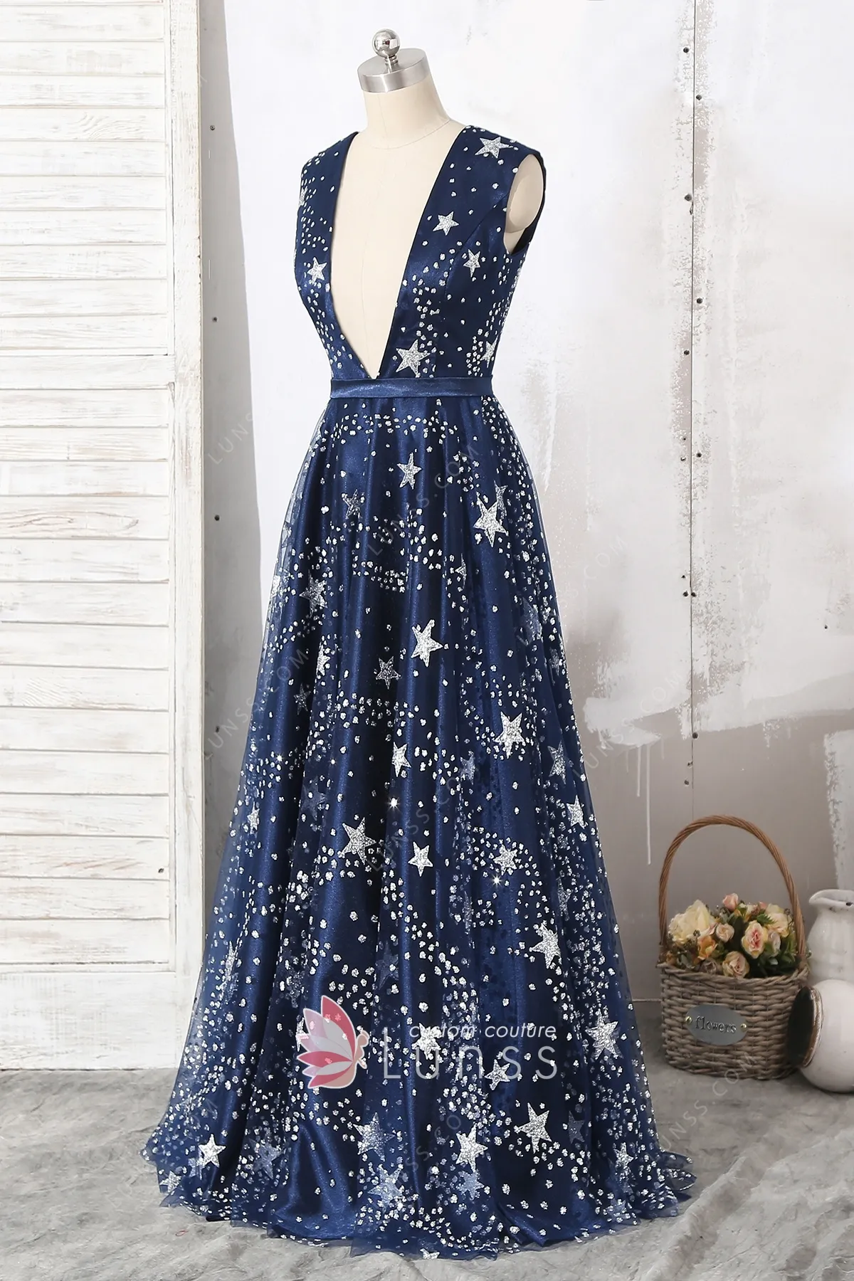 Starry Sky Stars Glitter Overlay Fancy Navy Prom Gown - Lunss