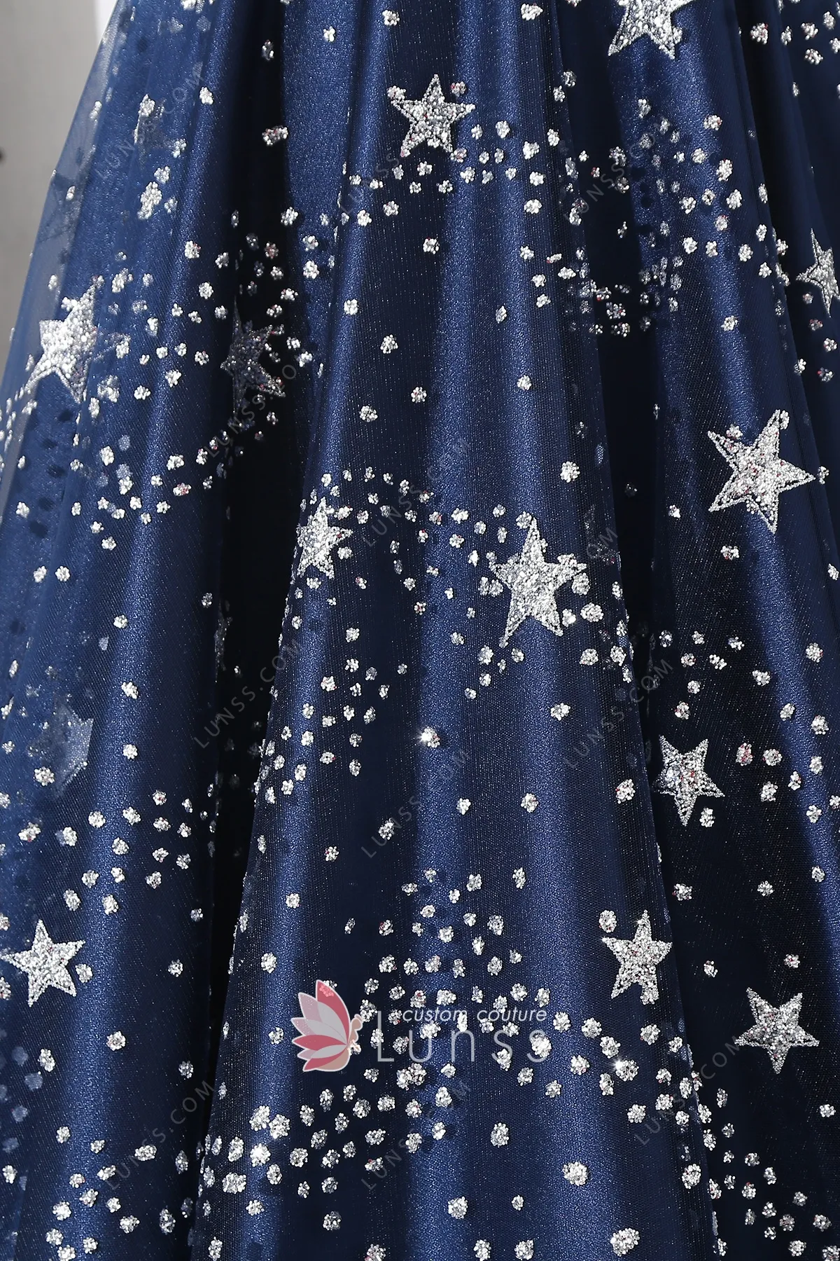 Starry Sky Stars Glitter Overlay Fancy Navy Prom Gown - Lunss