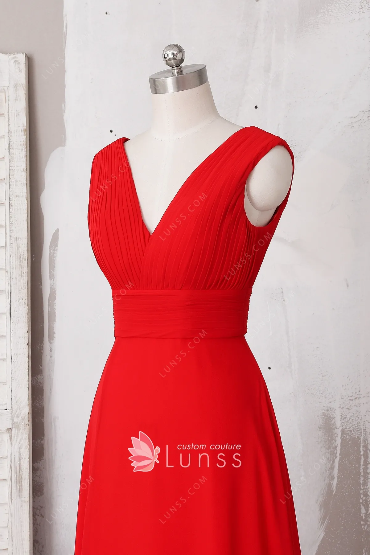 Red Chiffon V-neck Floor-Length Slit A-line Prom Dress - Lunss