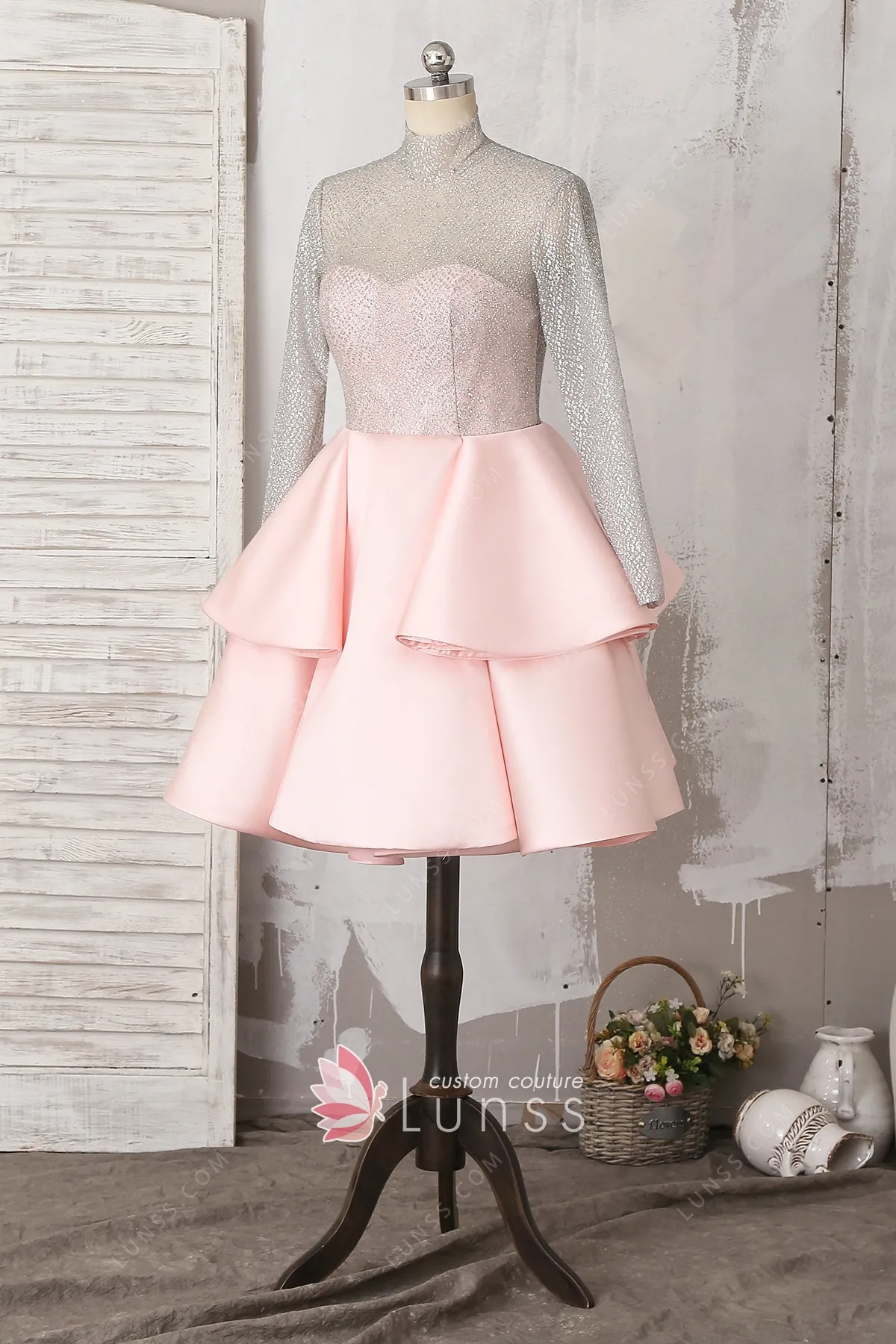 Silver Glitter Pink Satin Unique Two-tone Cocktail Dress - Lunss