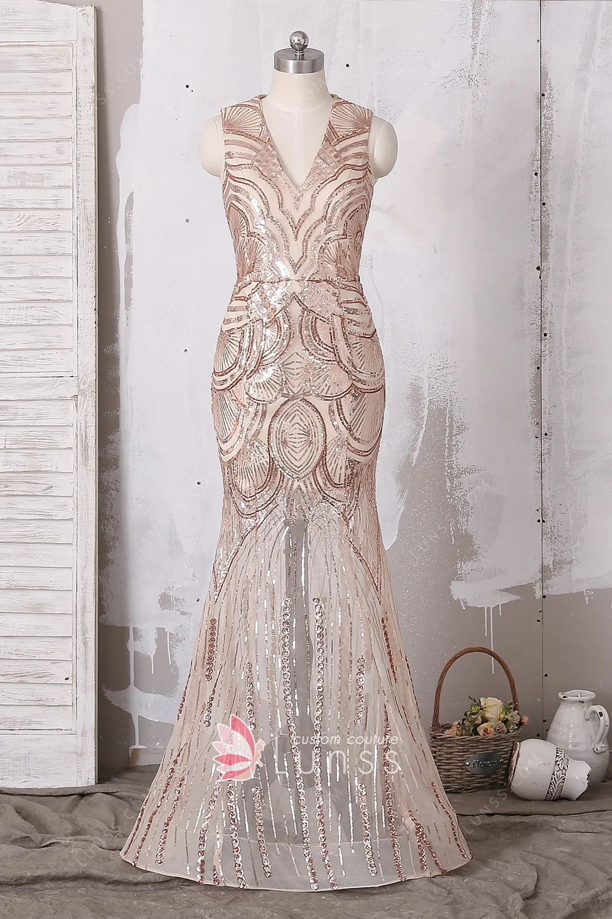 Sheer Skirt Rose Gold Sequin Mermaid Long Prom Dress - Lunss