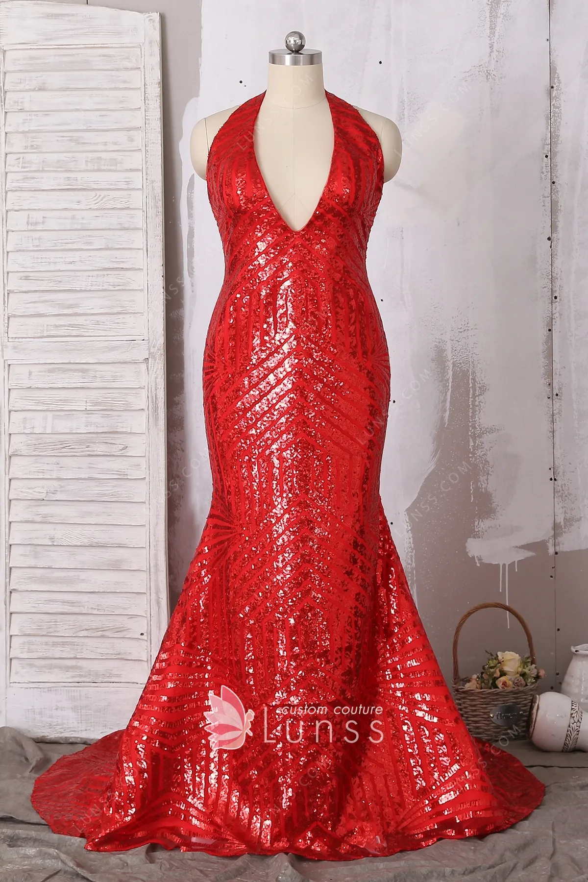 Reviews of Sparkle Red Stripe Sequin Halter V-neck Mermaid Prom Gown ...