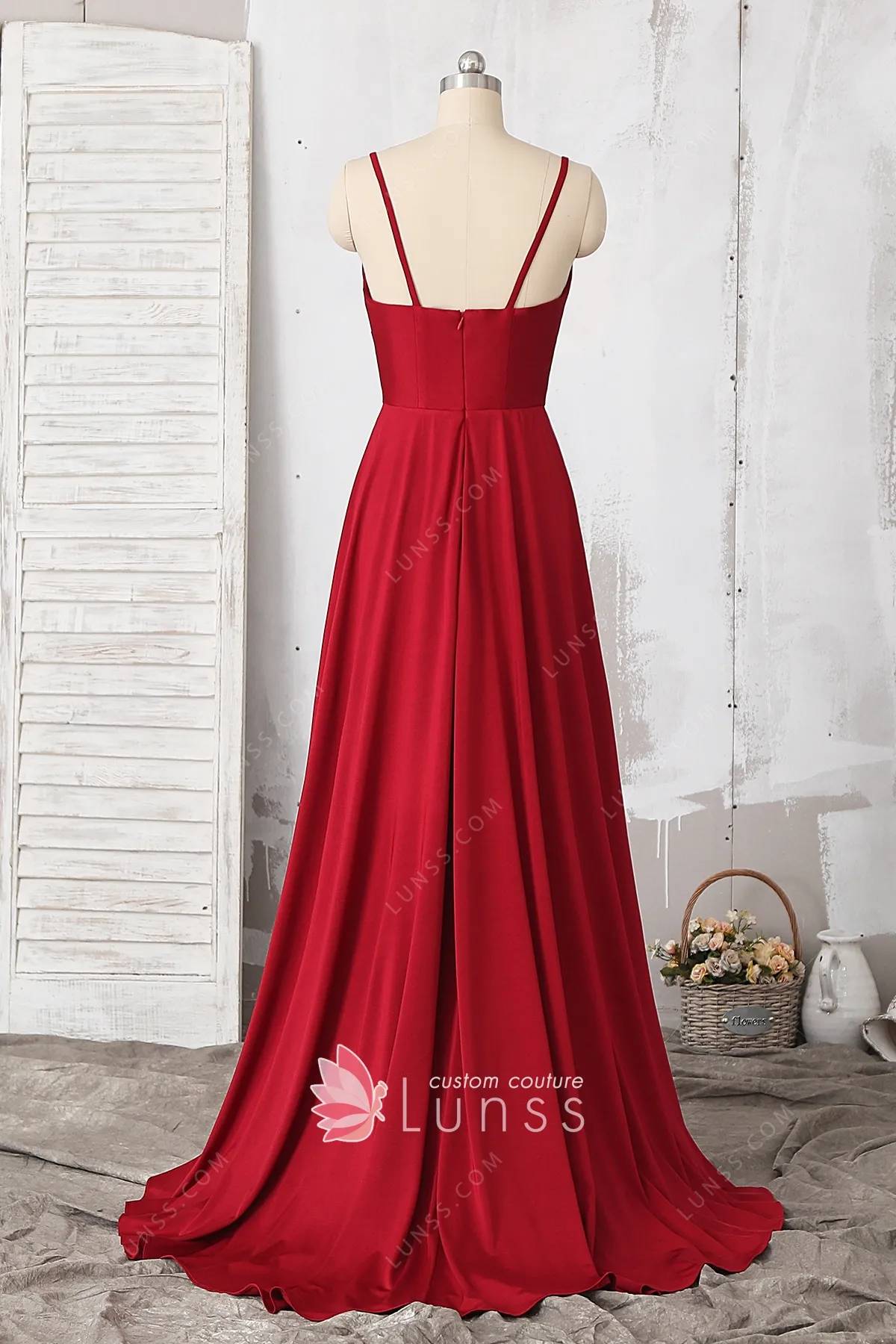 Ruby Red Spandex Strap V-neck Slit A-line Prom Dress - Lunss