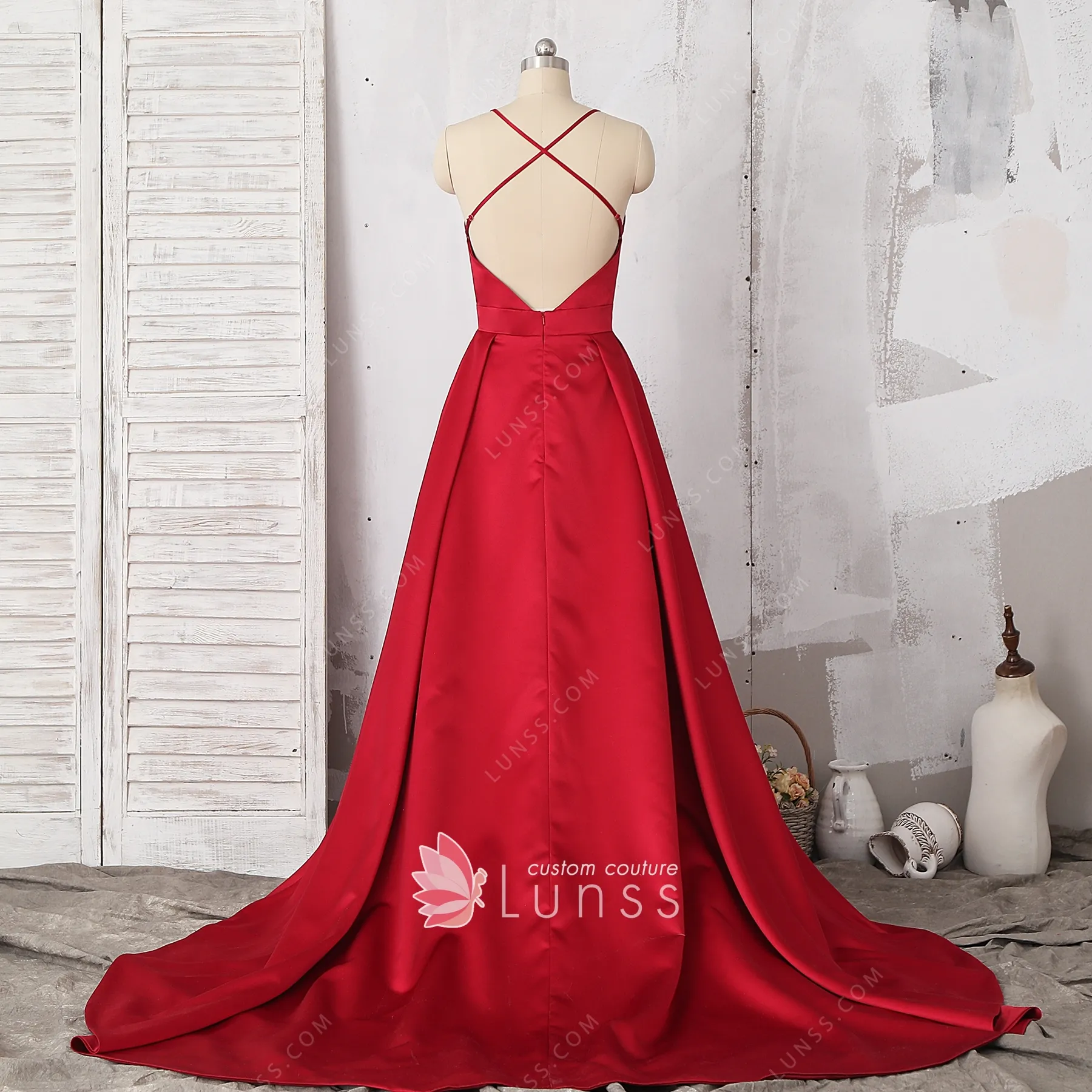 Red Satin Plunging V-neck Long Train A-line Prom Dress - Lunss