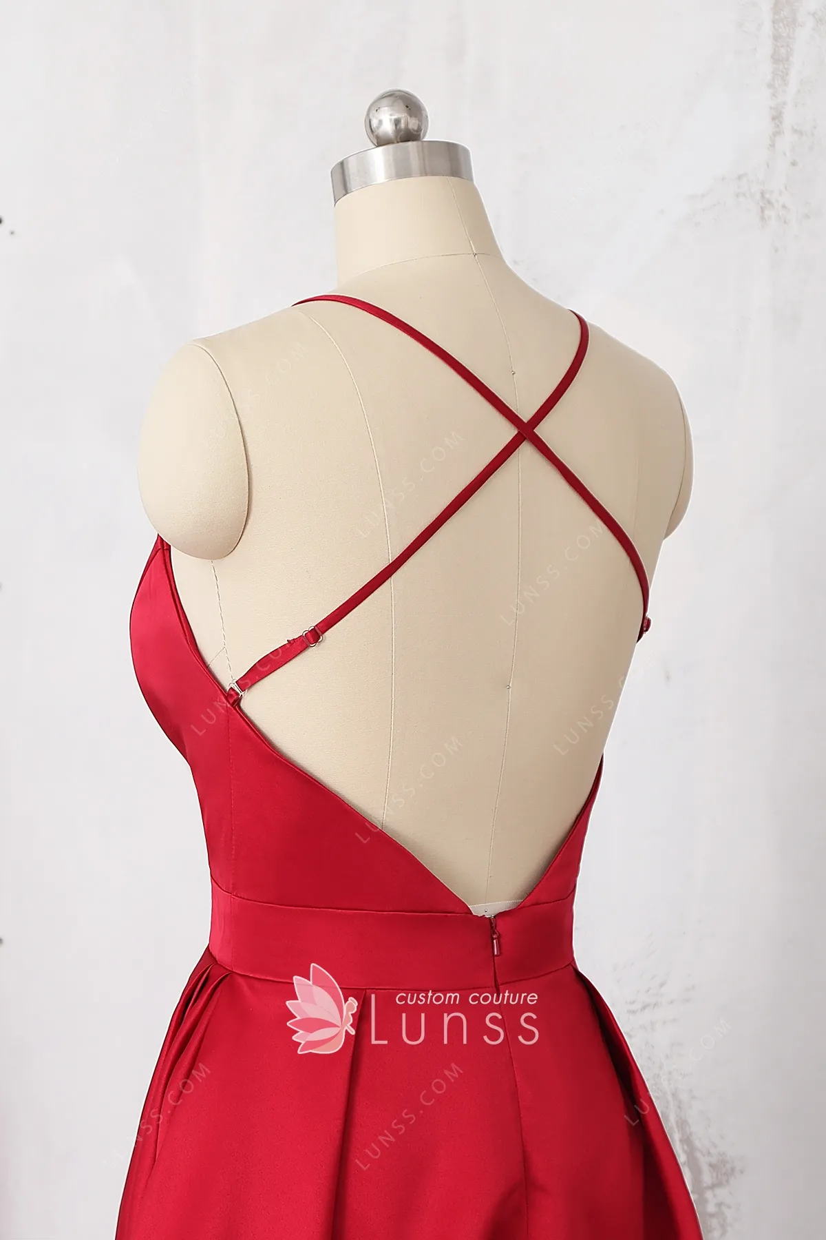 Red Satin Plunging V-neck Long Train A-line Prom Dress - Lunss