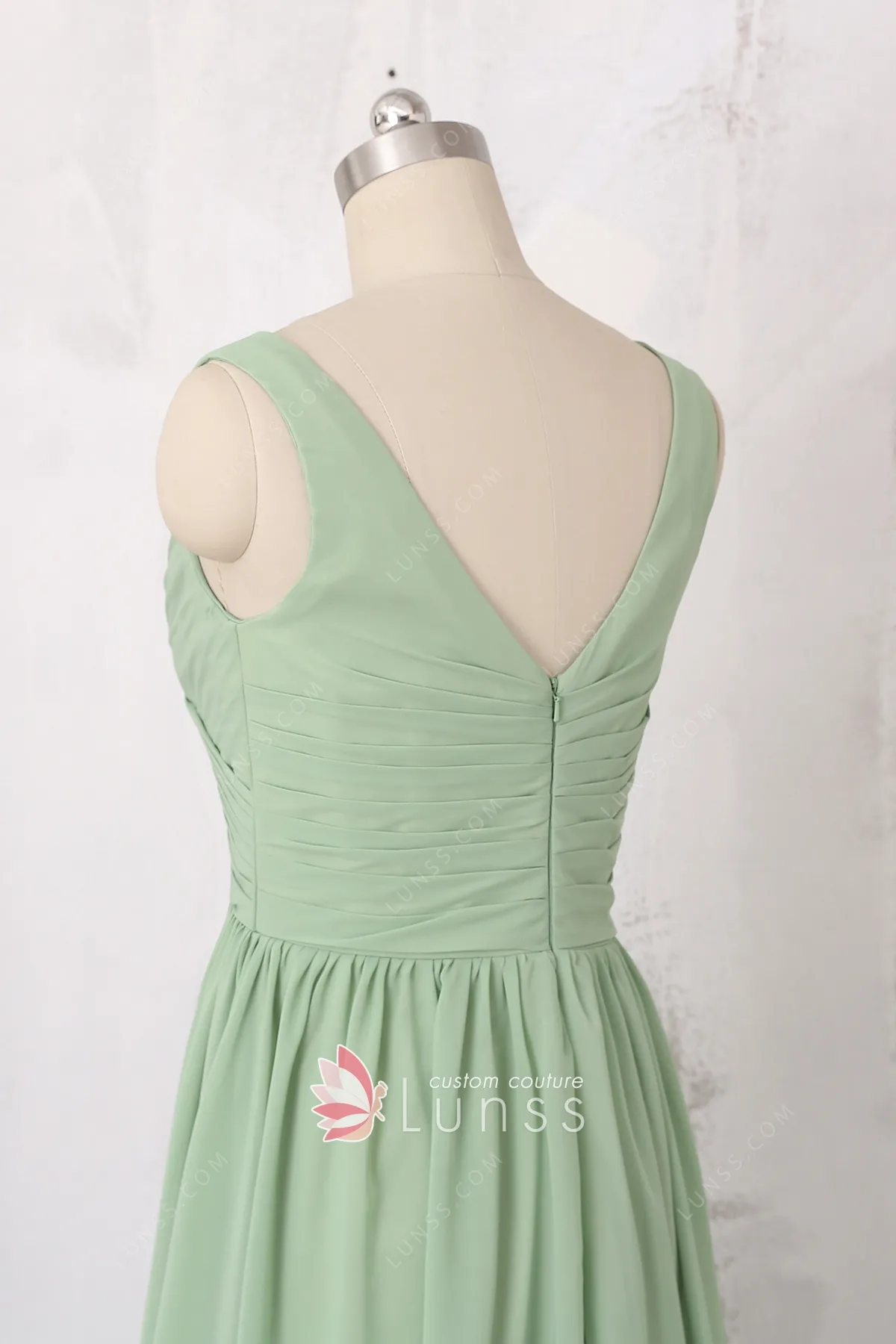 Criss-cross Pleated Sage Chiffon Long Bridesmaid Dress - Lunss