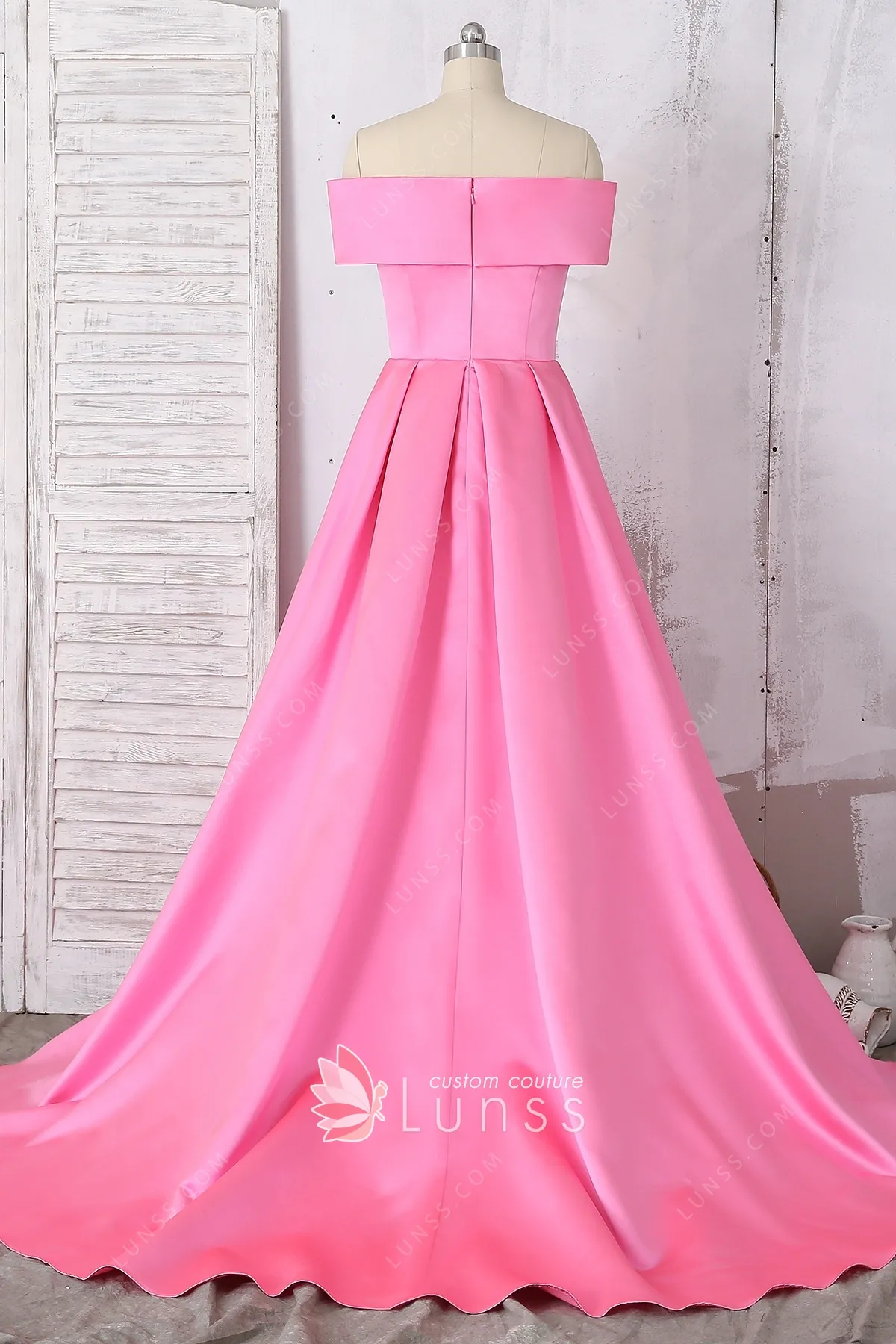 Charming Candy Pink Off-the-shoulder Satin Slit Prom Gown - Lunss