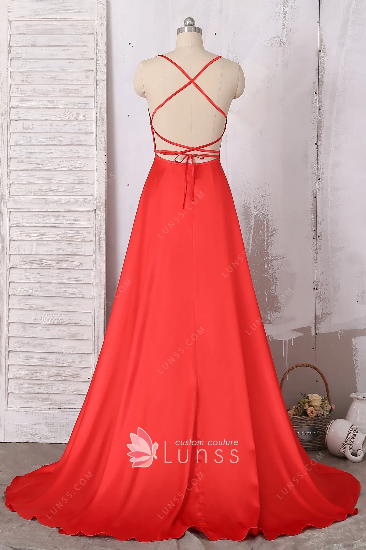 Red Strap Low Back V-neck Long Satin Prom Evening Dress - Lunss