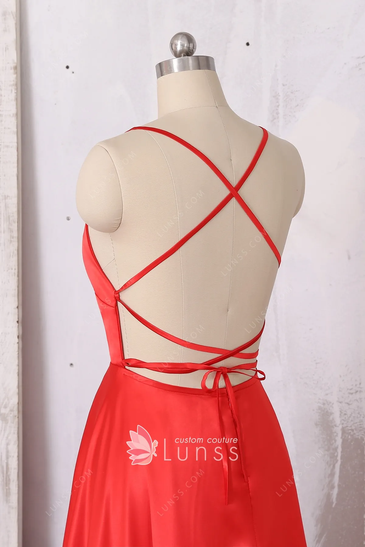 Red Strap Low Back V-neck Long Satin Prom Evening Dress - Lunss