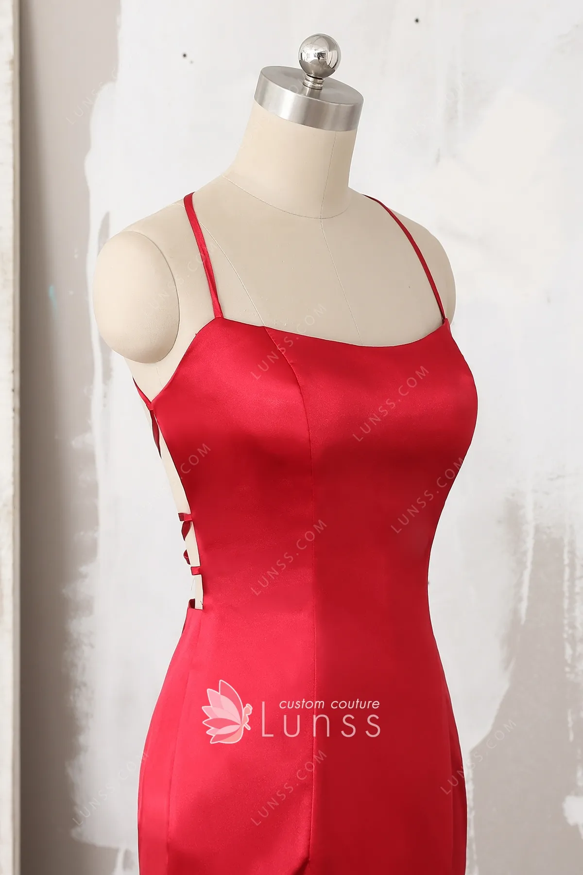 Simple Red Satin Thin Strap Slit Long Evening Prom Dress - Lunss