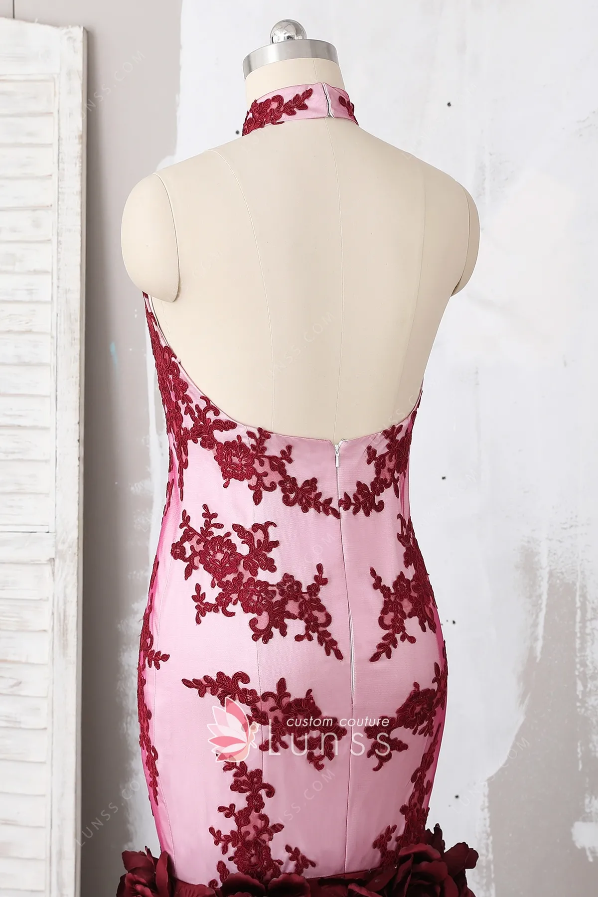 Wine Lace Appliqued Cut-out 3D Rose Trumpet Prom Dress - Lunss