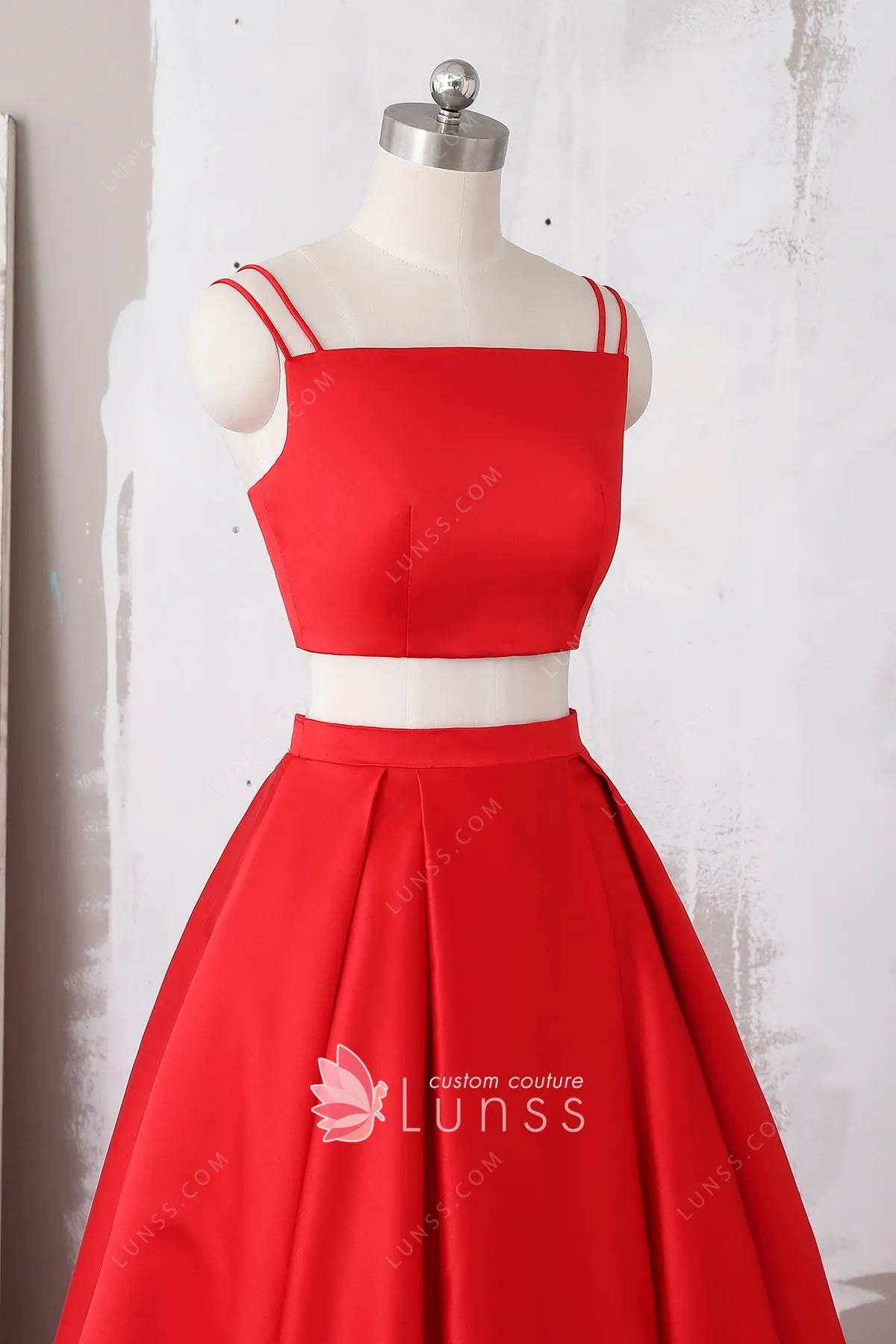 Two-piece Red Satin Puffy Long Prom Dress with Pockets - Lunss