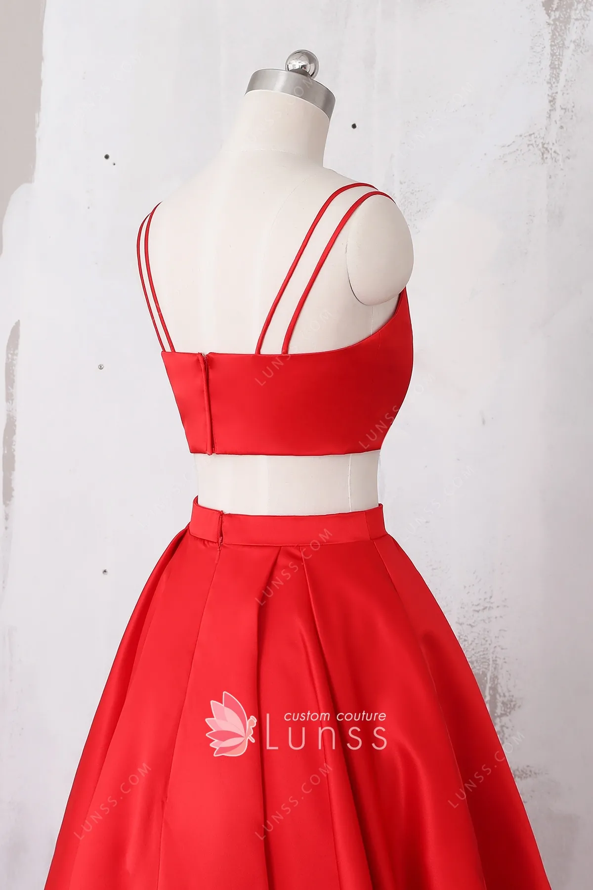 Two-piece Red Satin Puffy Long Prom Dress with Pockets - Lunss