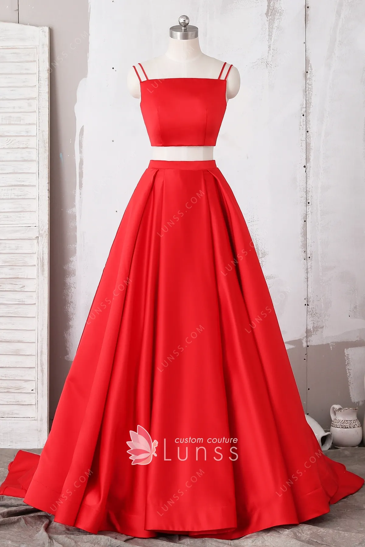 Two-piece Red Satin Puffy Long Prom Dress with Pockets - Lunss