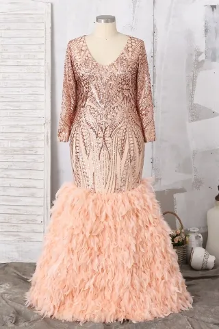 Unique Rose Gold Sequin Trumpet Feather Plus Size Dress - Lunss