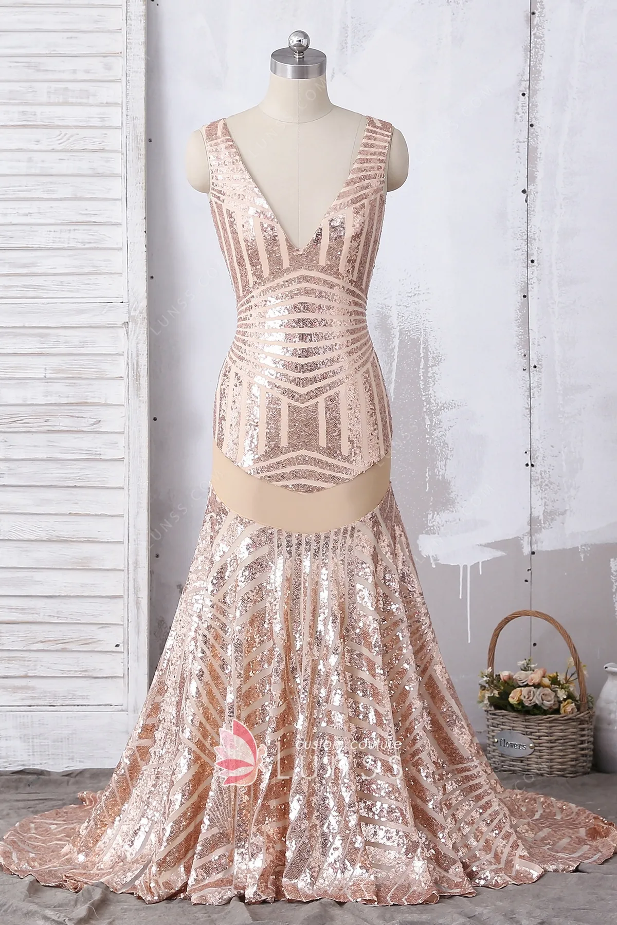Deep V-neck Rose Gold Sequin Sheer Mermaid Prom Dress - Lunss