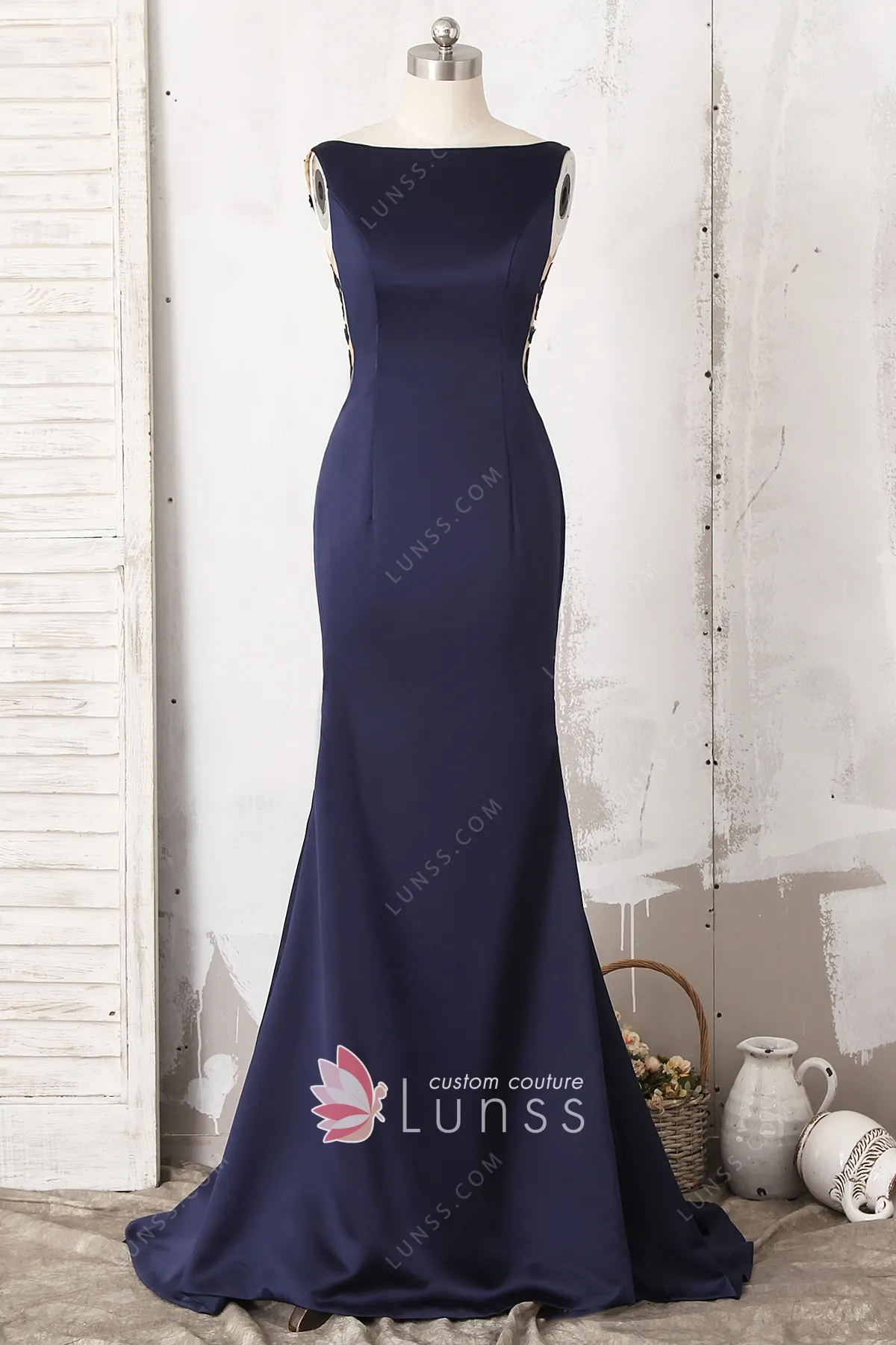 Elegant Boat Neck Navy Satin Lace Long Evening Dress - Lunss