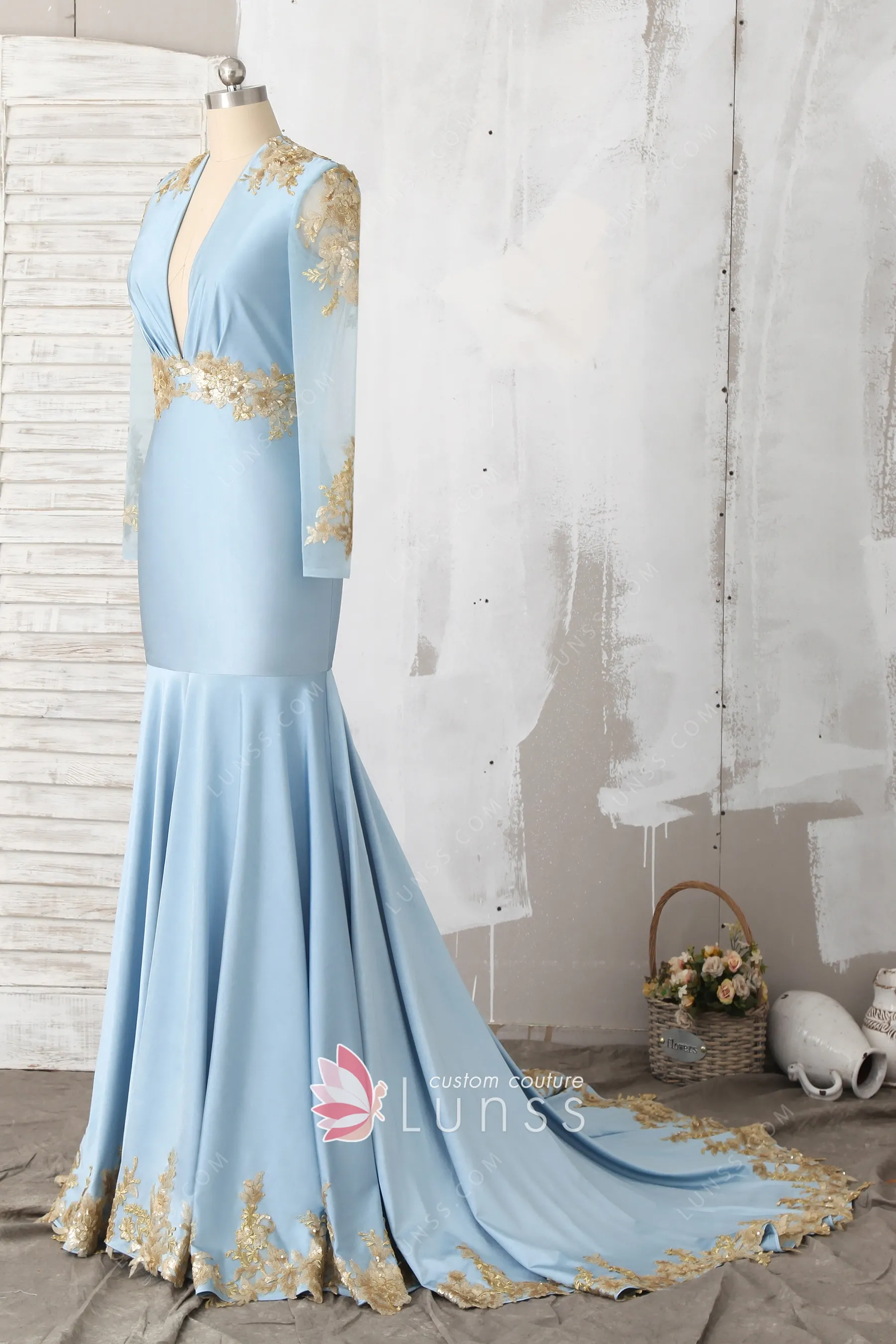 Gold Sequin Lace Appliqued Baby Blue Mermaid Prom Dress - Lunss