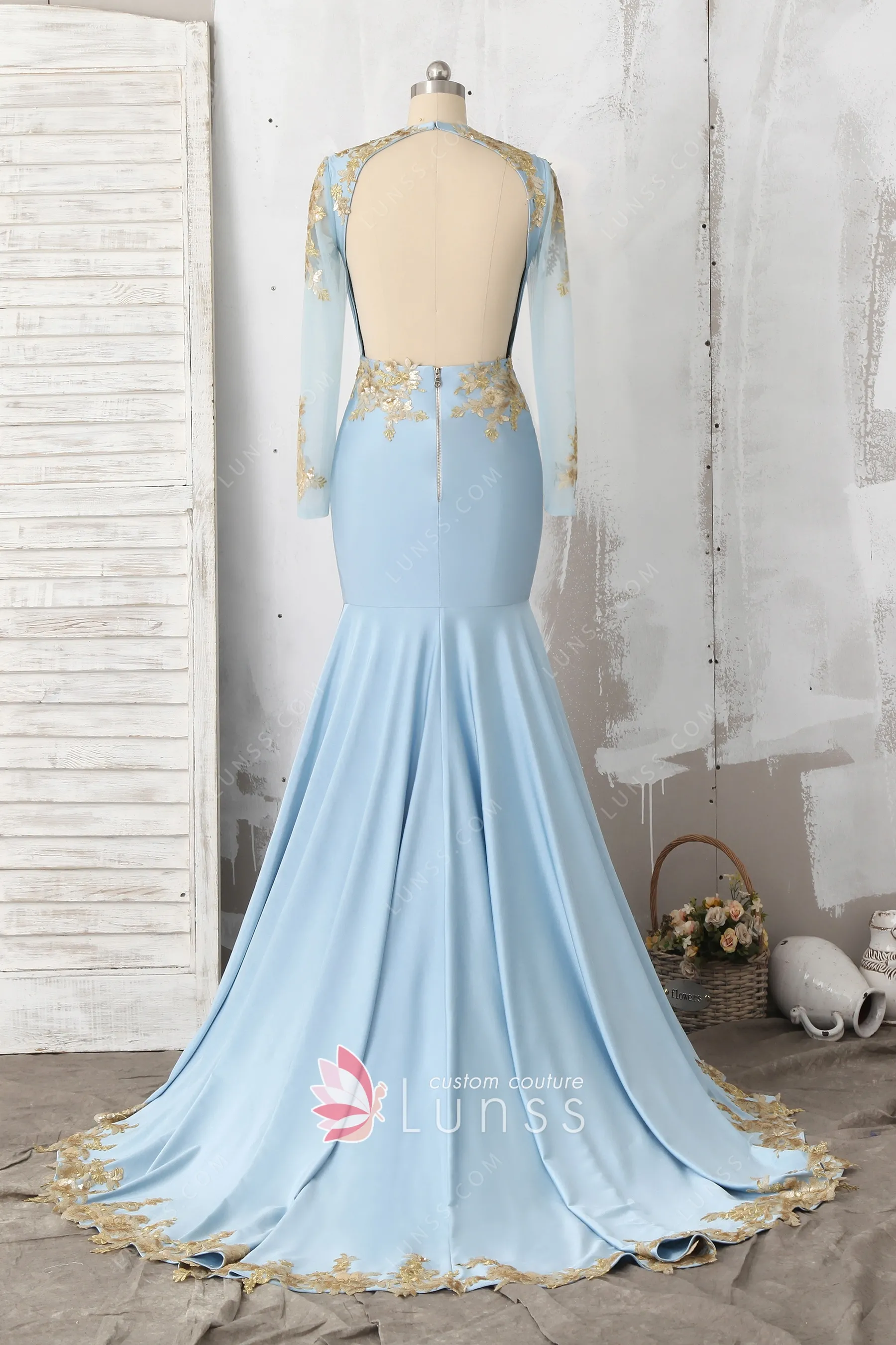 Gold Sequin Lace Appliqued Baby Blue Mermaid Prom Dress - Lunss
