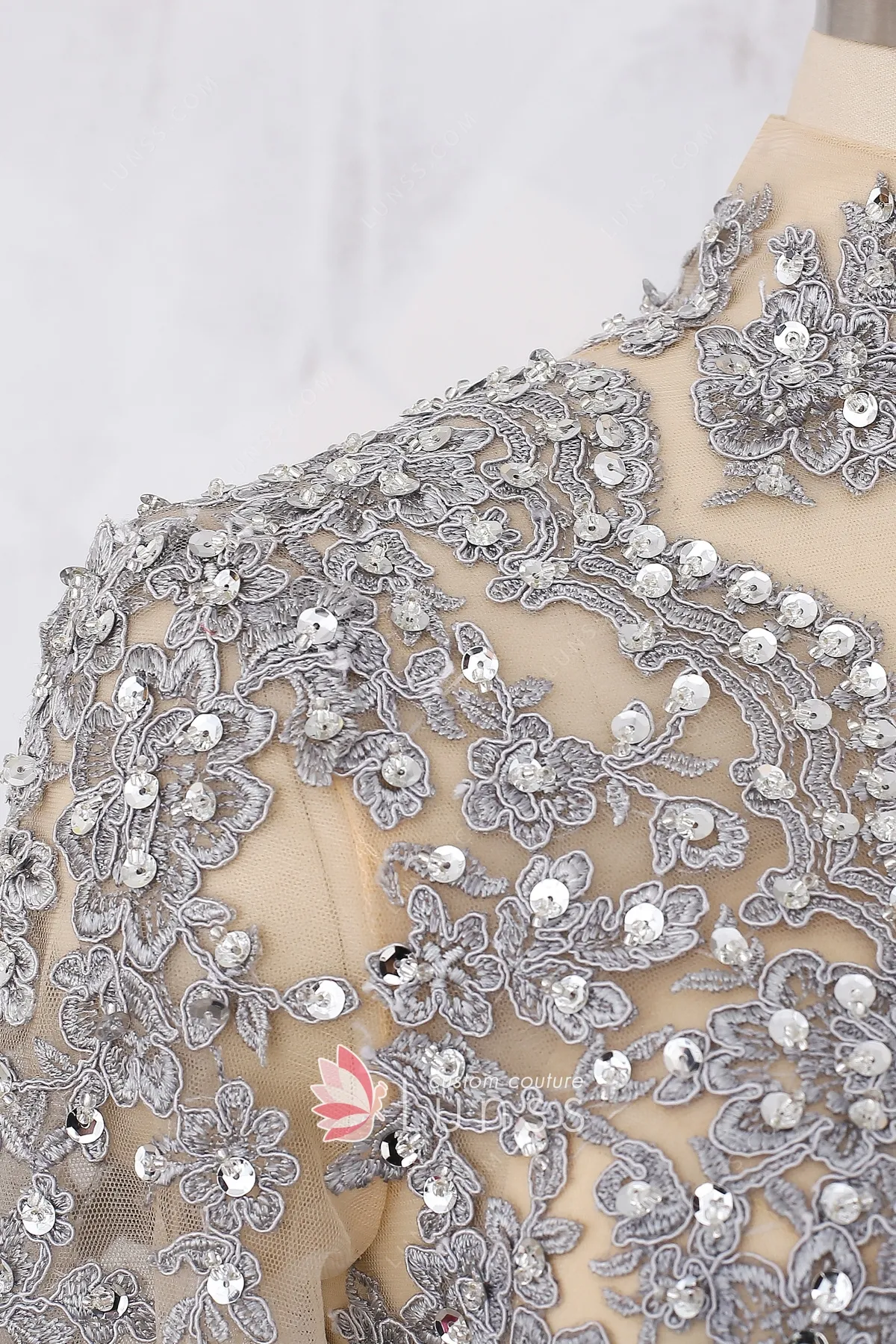 Silver Gray Beaded Lace and Velvet Two-piece Prom Dress - Lunss