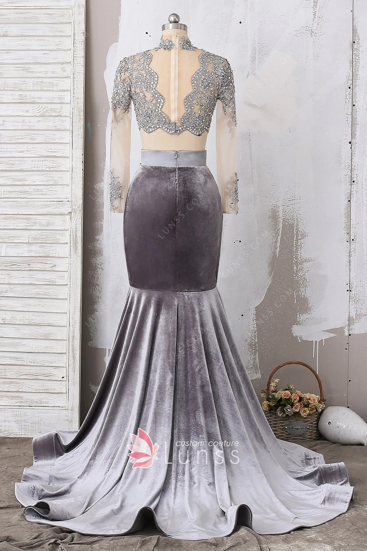 Silver Gray Beaded Lace and Velvet Two-piece Prom Dress - Lunss