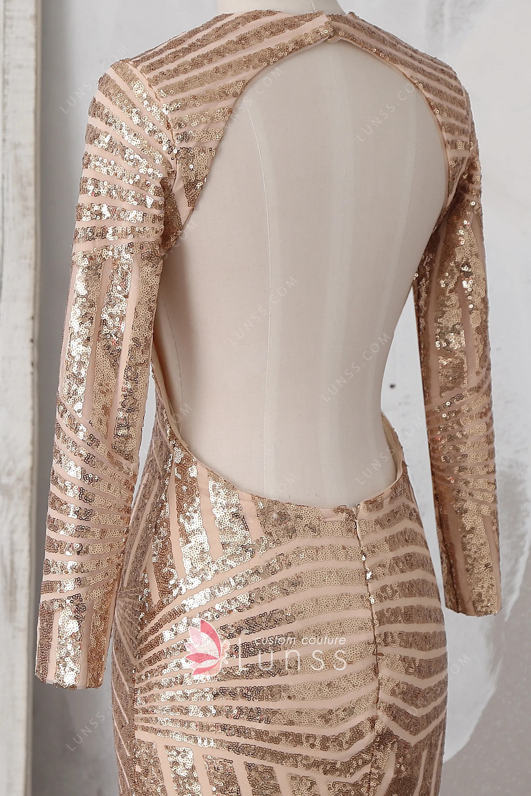 Gold Sequin Crew Neck Long Sleeve Mermaid Prom Dress - Lunss