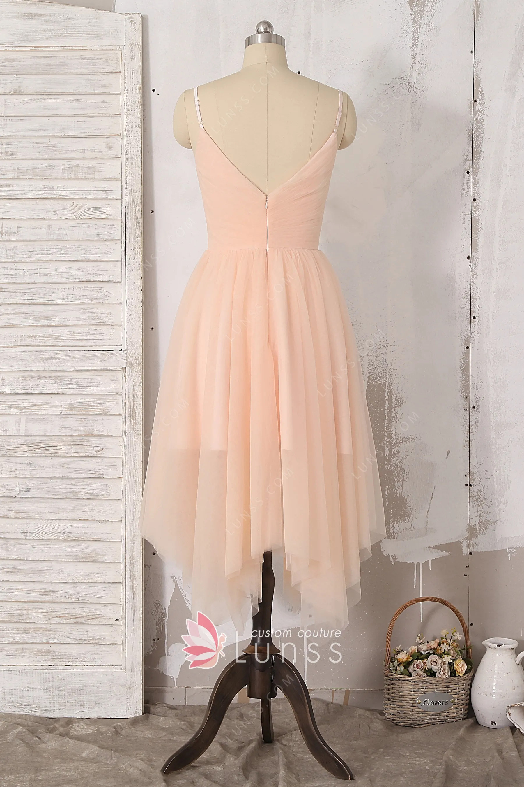 Criss-cross Pleated V-neck Peach Tulle Homecoming Dress - Lunss