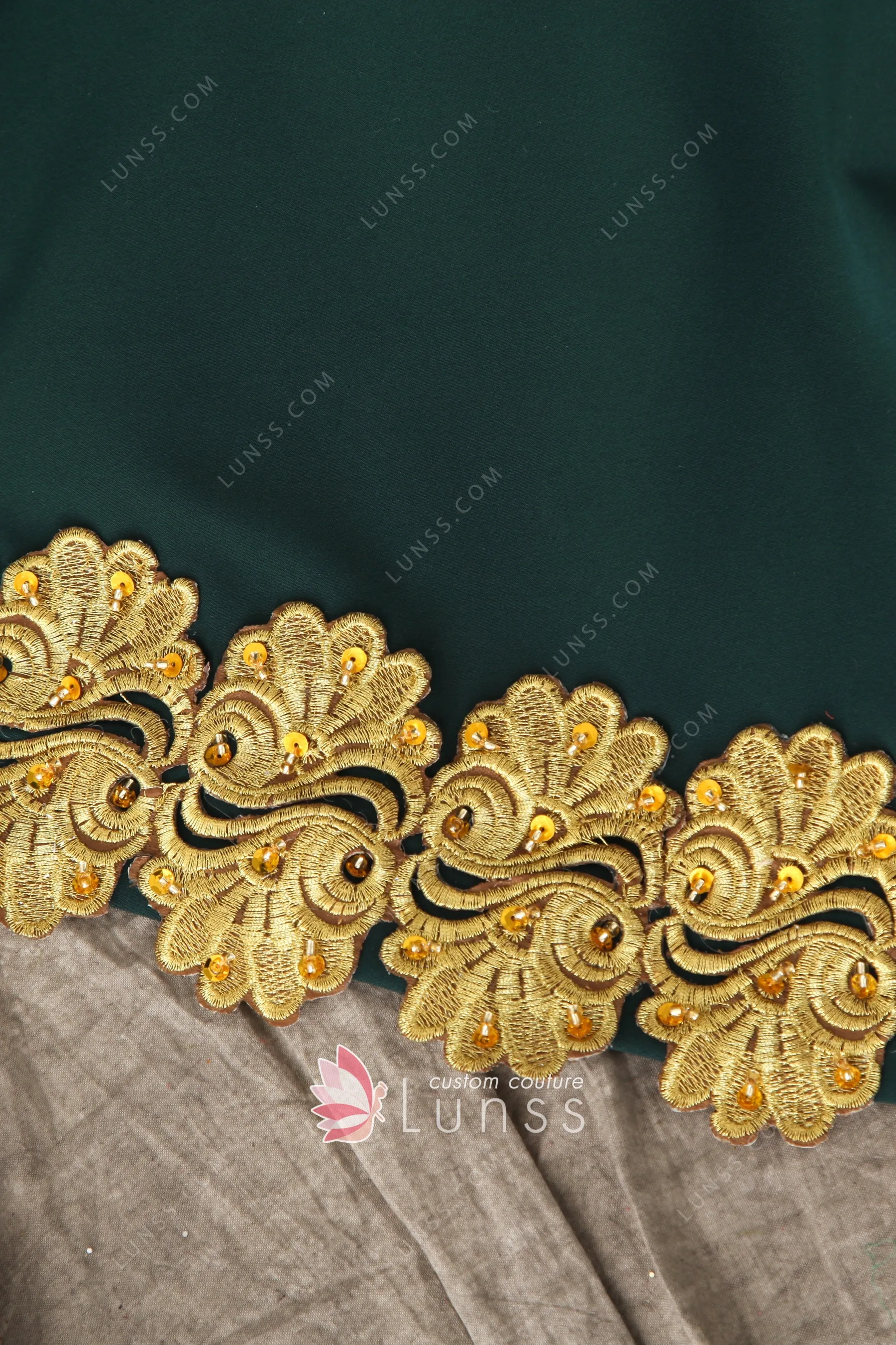 Unique Gold Lace Appliqued Hunter Green Mermaid Prom Gown - Lunss