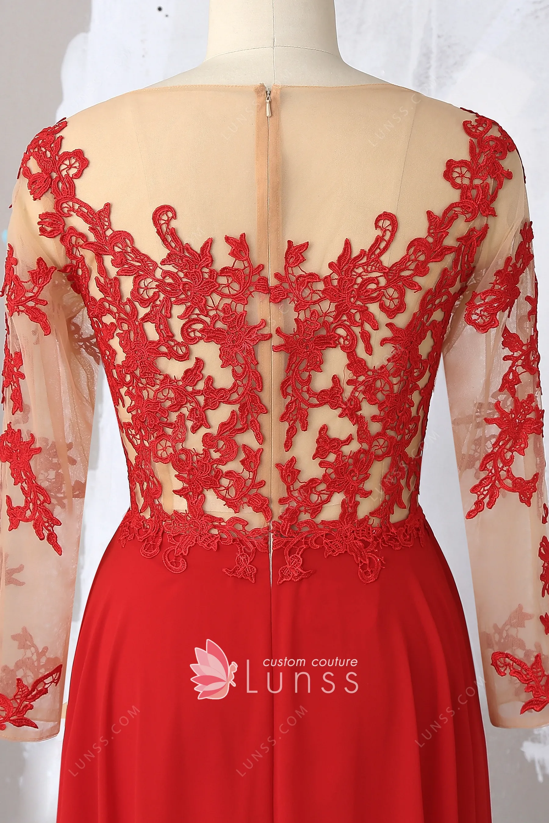 Fancy Red Sheer Long Sleeve Lace Chiffon Long Prom Dress - Lunss