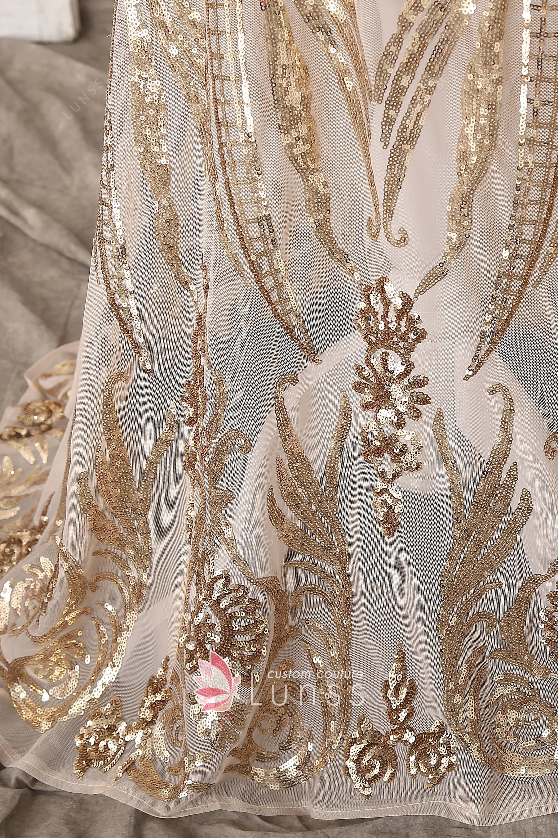 Sparkly Sheer Gold Sequin Mermaid Trumpet Prom Dress - Lunss