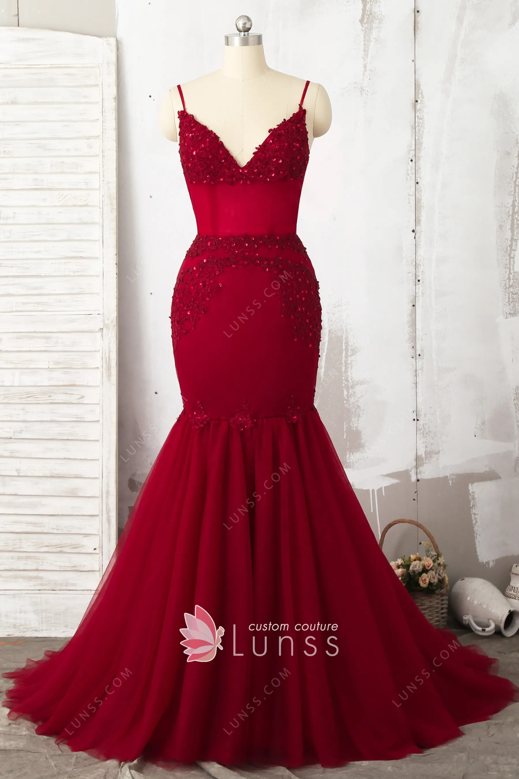 Beaded Ruby Lace Illusion Bodice Tulle Trumpet Prom Gown - Lunss