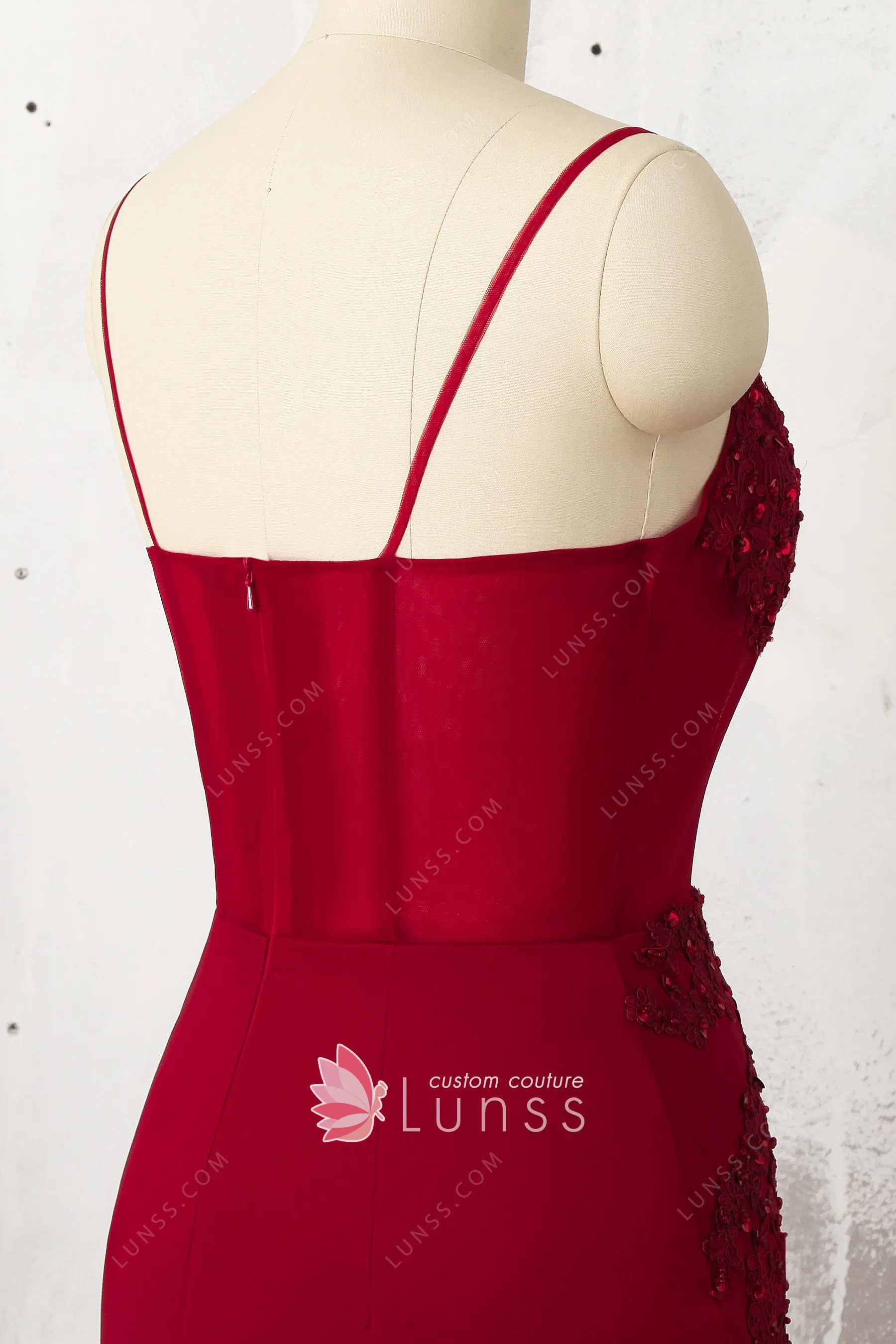 Beaded Ruby Lace Illusion Bodice Tulle Trumpet Prom Gown - Lunss