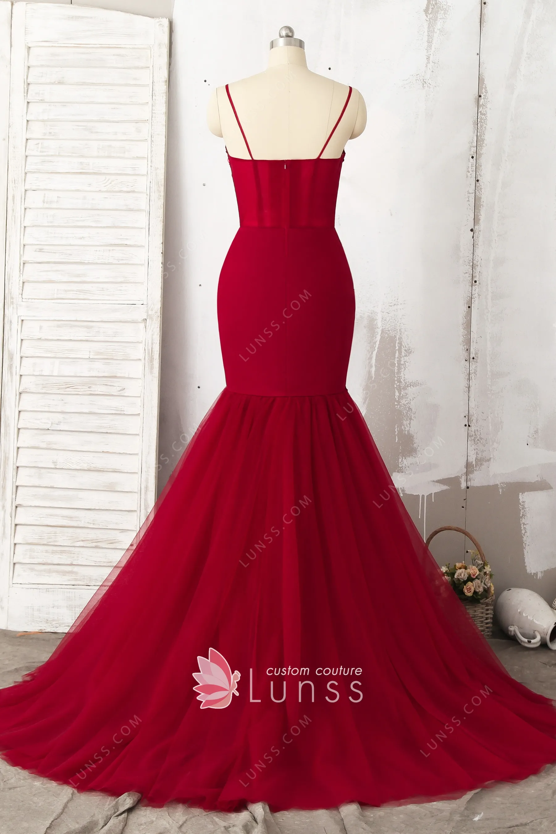 Beaded Ruby Lace Illusion Bodice Tulle Trumpet Prom Gown - Lunss