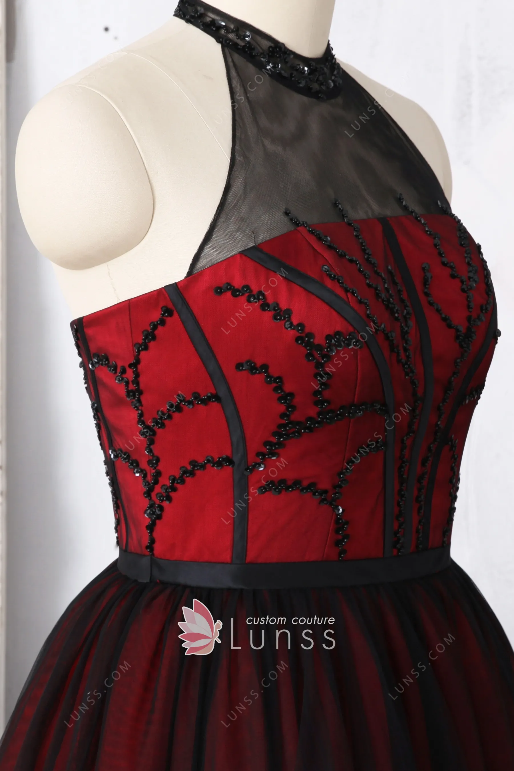 Black Beaded Tulle Overlay Red Underneath Cute Prom Gown - Lunss