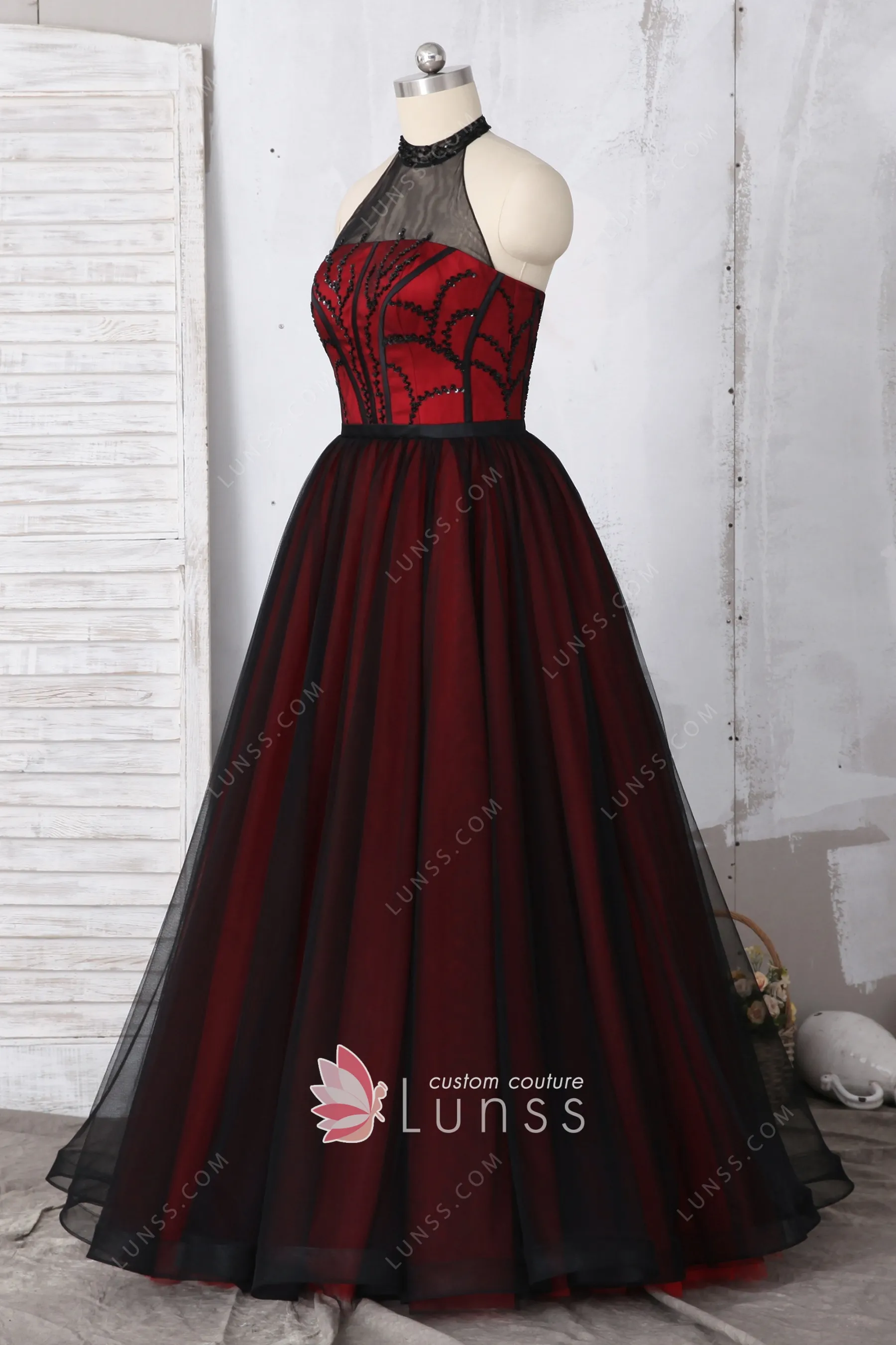 Black Beaded Tulle Overlay Red Underneath Cute Prom Gown - Lunss