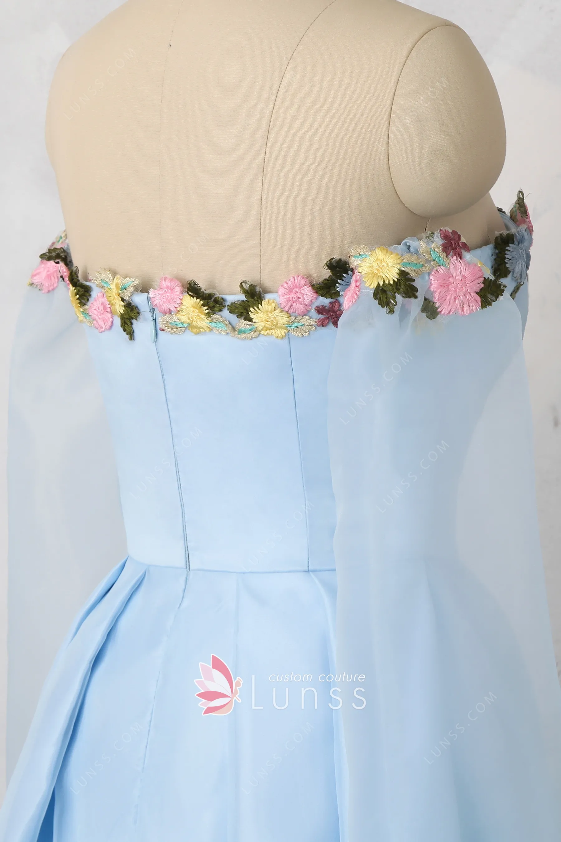 3D Flowers Off-the-shoulder Sky Blue Fairy Prom Dress - Lunss