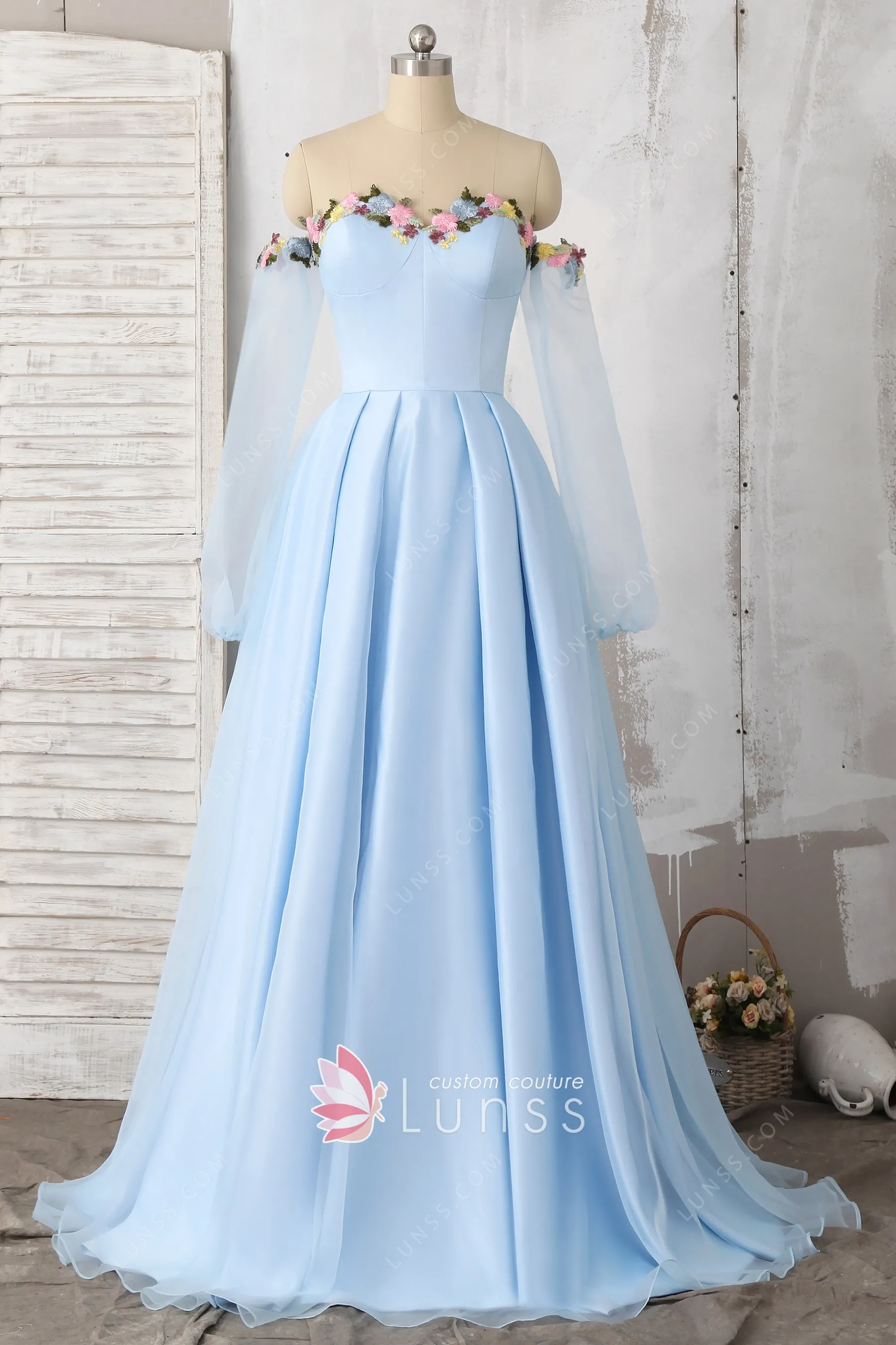 3D Flowers Off-the-shoulder Sky Blue Fairy Prom Dress - Lunss