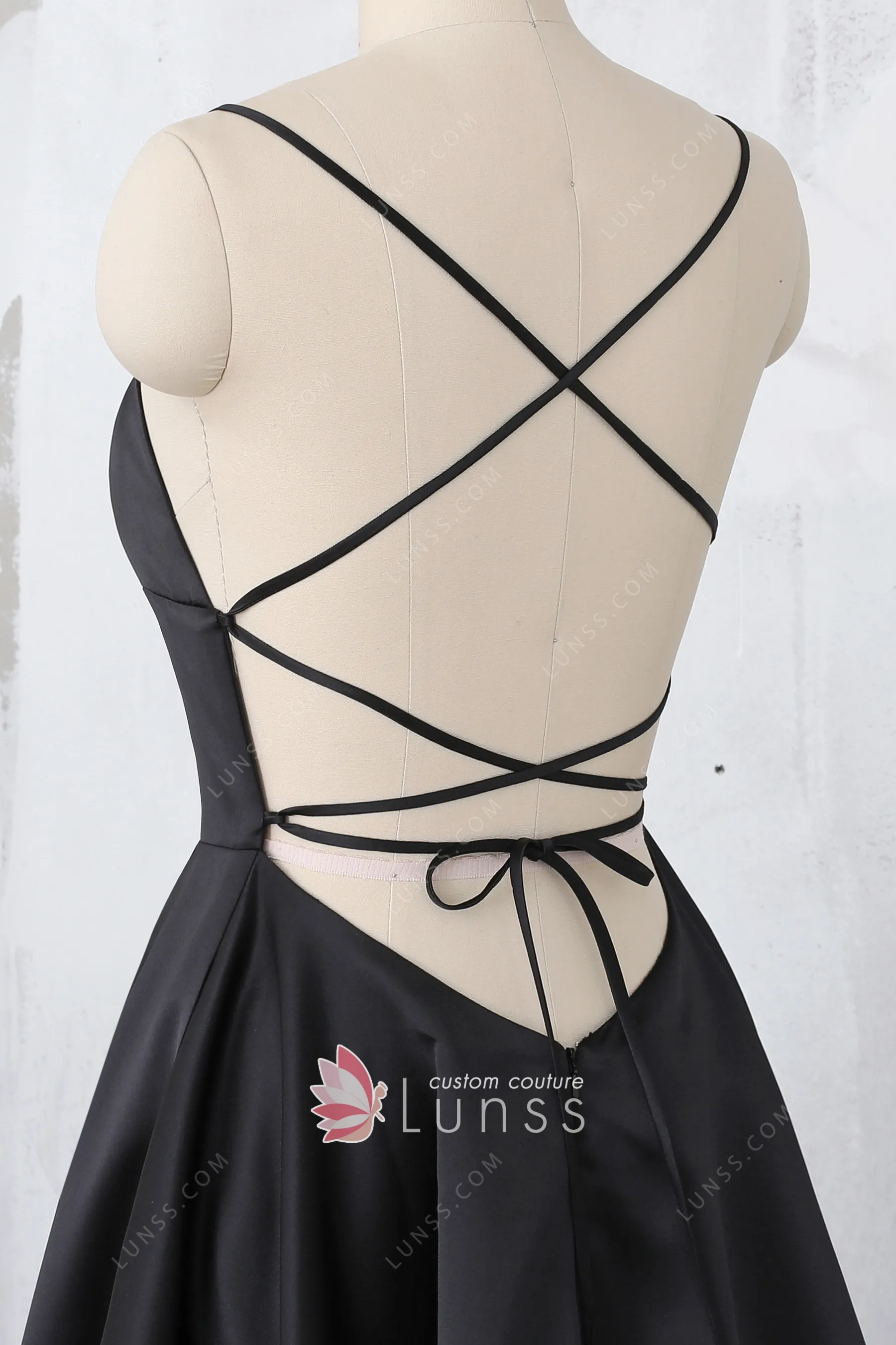 Spaghetti Straps Low Back Black Thick Satin Prom Dress - Lunss