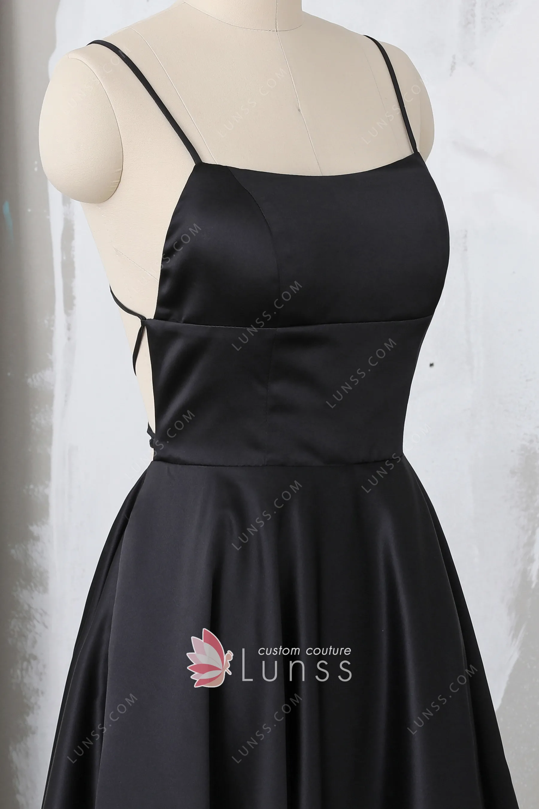 Spaghetti Straps Low Back Black Thick Satin Prom Dress - Lunss