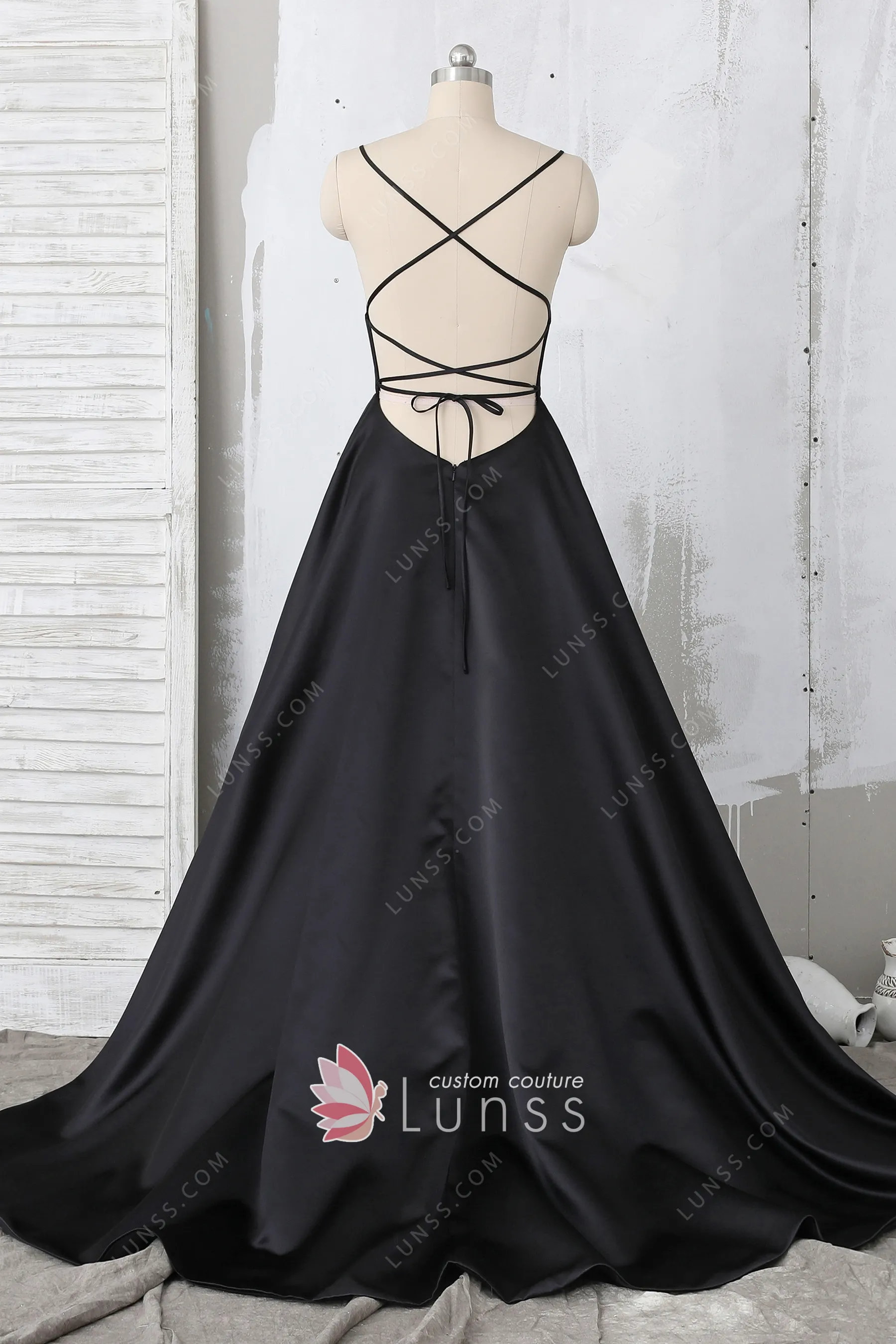 Spaghetti Straps Low Back Black Thick Satin Prom Dress - Lunss