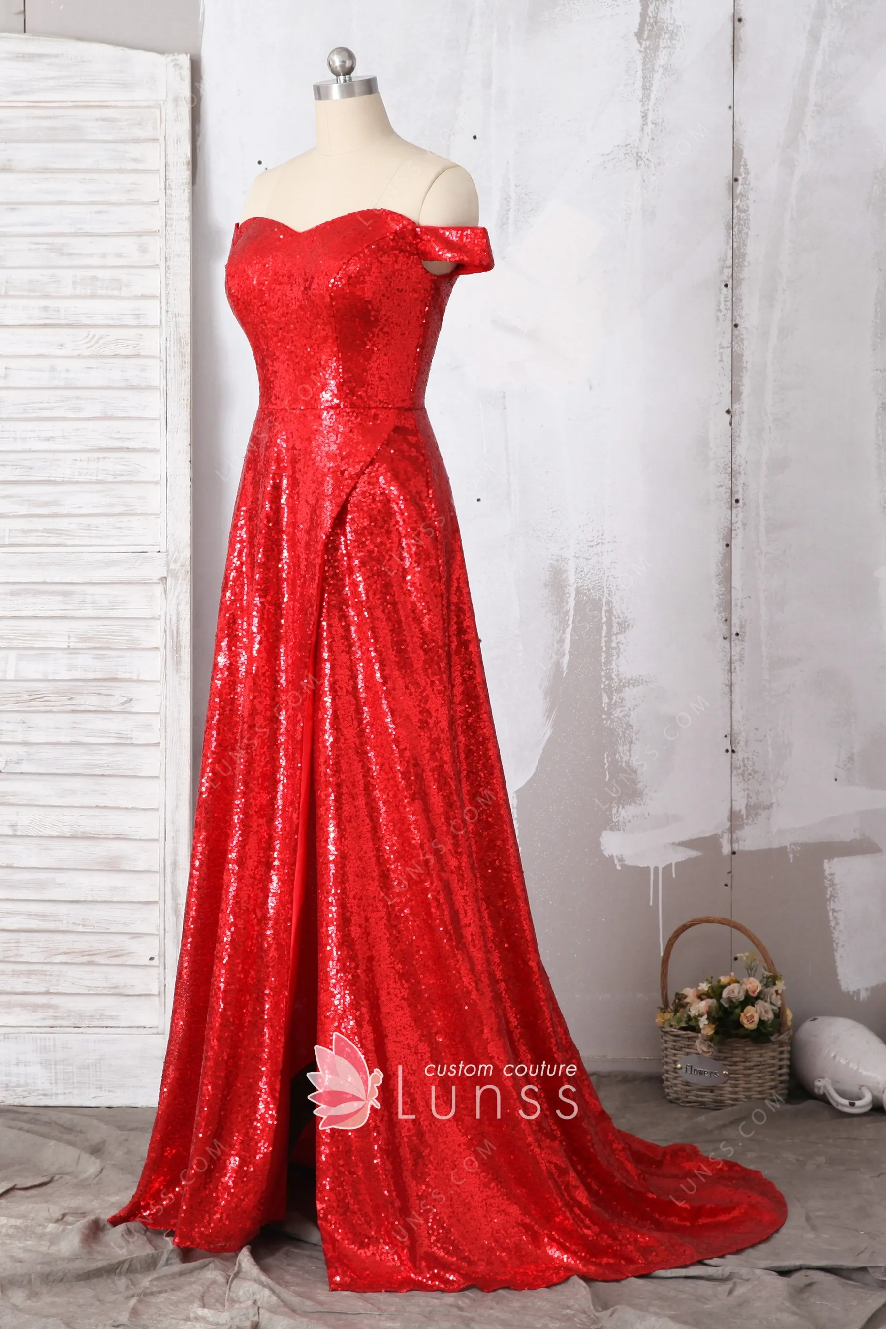 Sparkly Red Sequin Off-the-Shoulder Slit Long Prom Dress - Lunss
