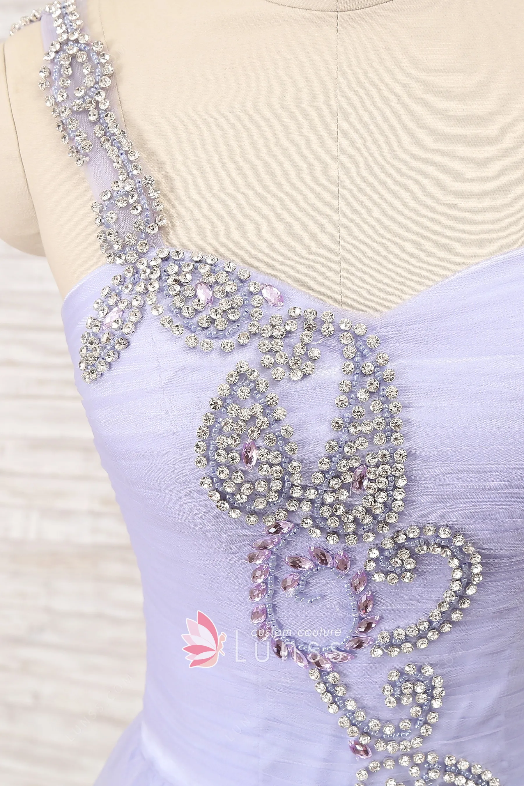 Beaded One Strap Shoulder Lavender Tulle Prom Dress - Lunss