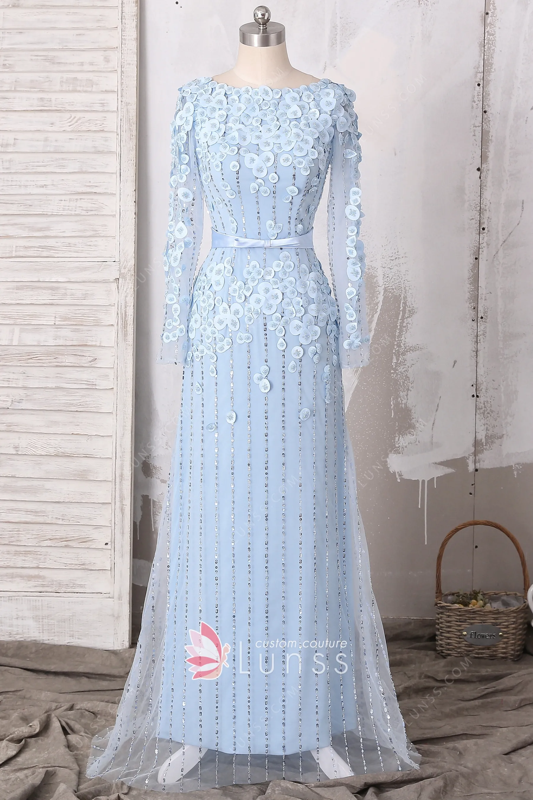 Fancy Ice Blue Beaded Petals Tulle Formal Event Dress - Lunss