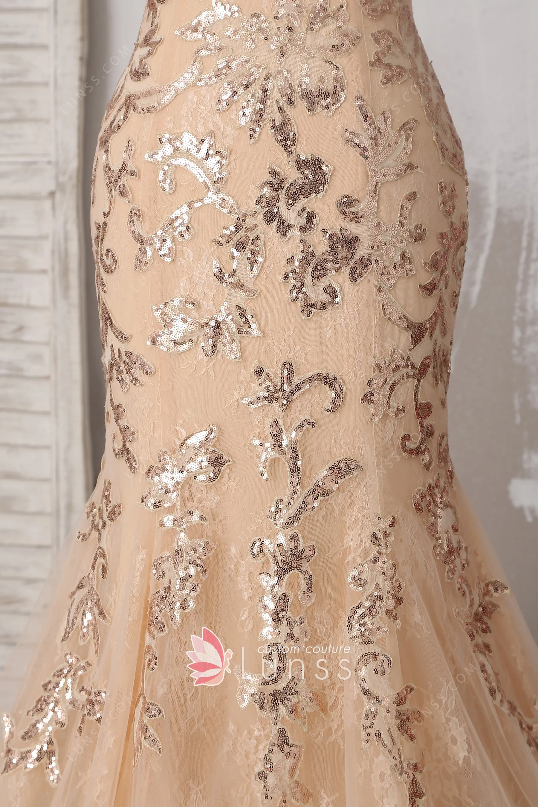 Sparkly Champagne Gold Sequin Lace Mermaid Prom Dress - Lunss