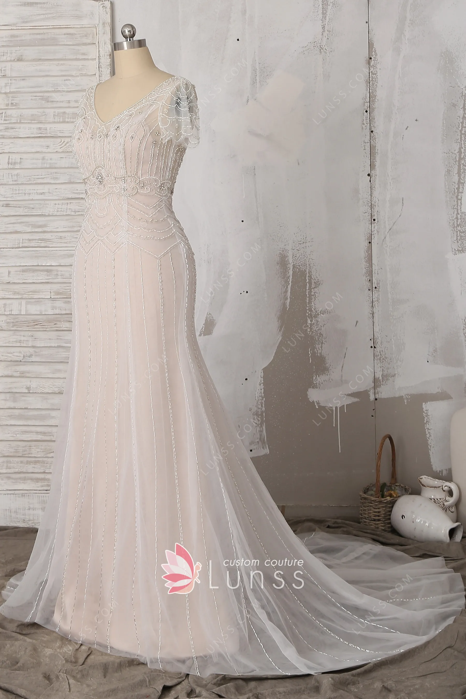 Luxury Beading Overlay Champagne Mermaid Formal Dress - Lunss