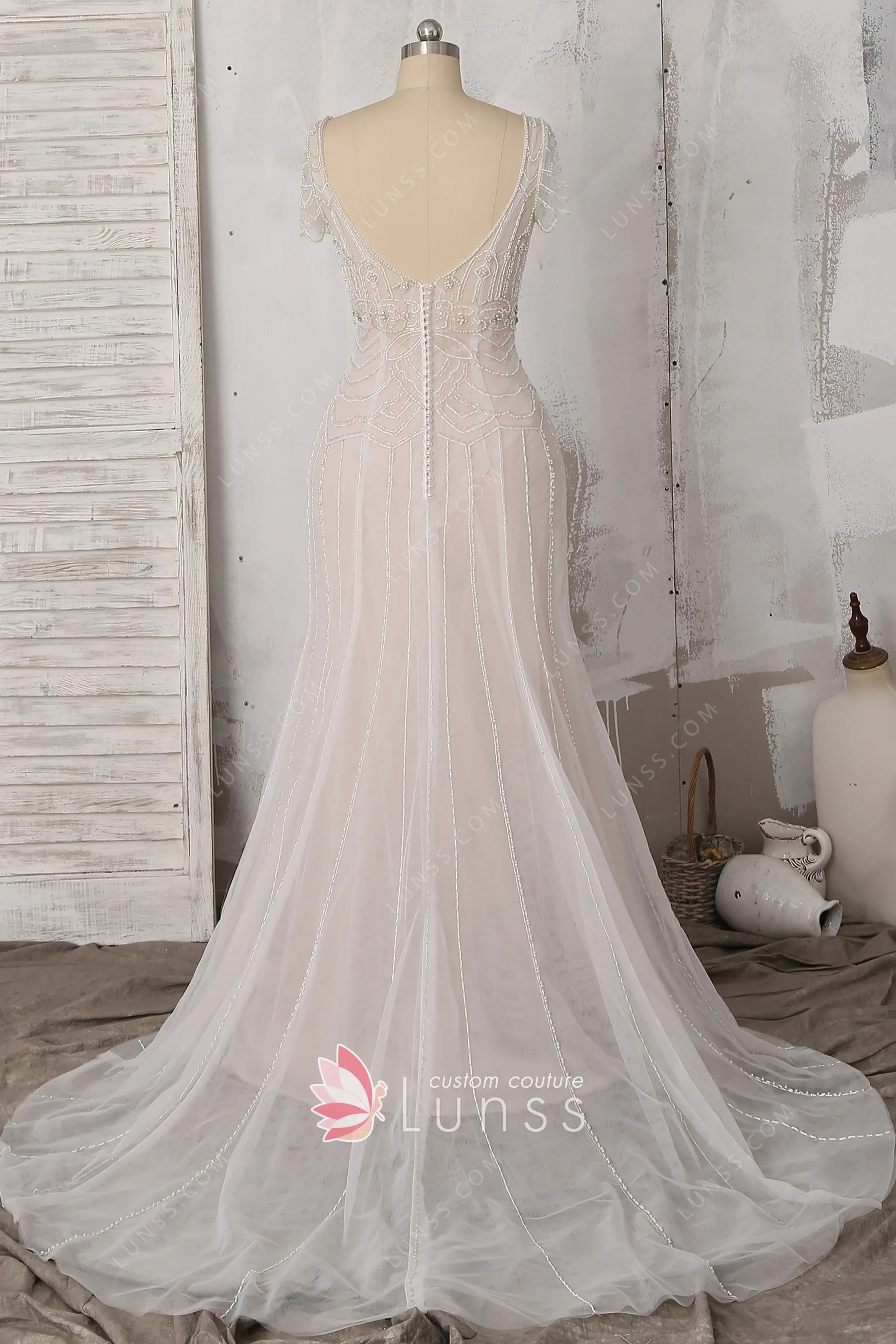 Luxury Beading Overlay Champagne Mermaid Formal Dress - Lunss