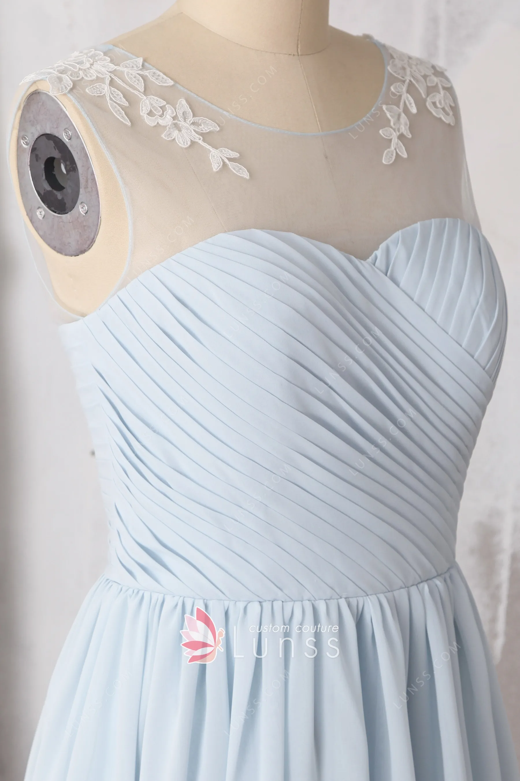 Light Blue Chiffon Lace Cap Sleeve Short Bridesmaid Dress - Lunss
